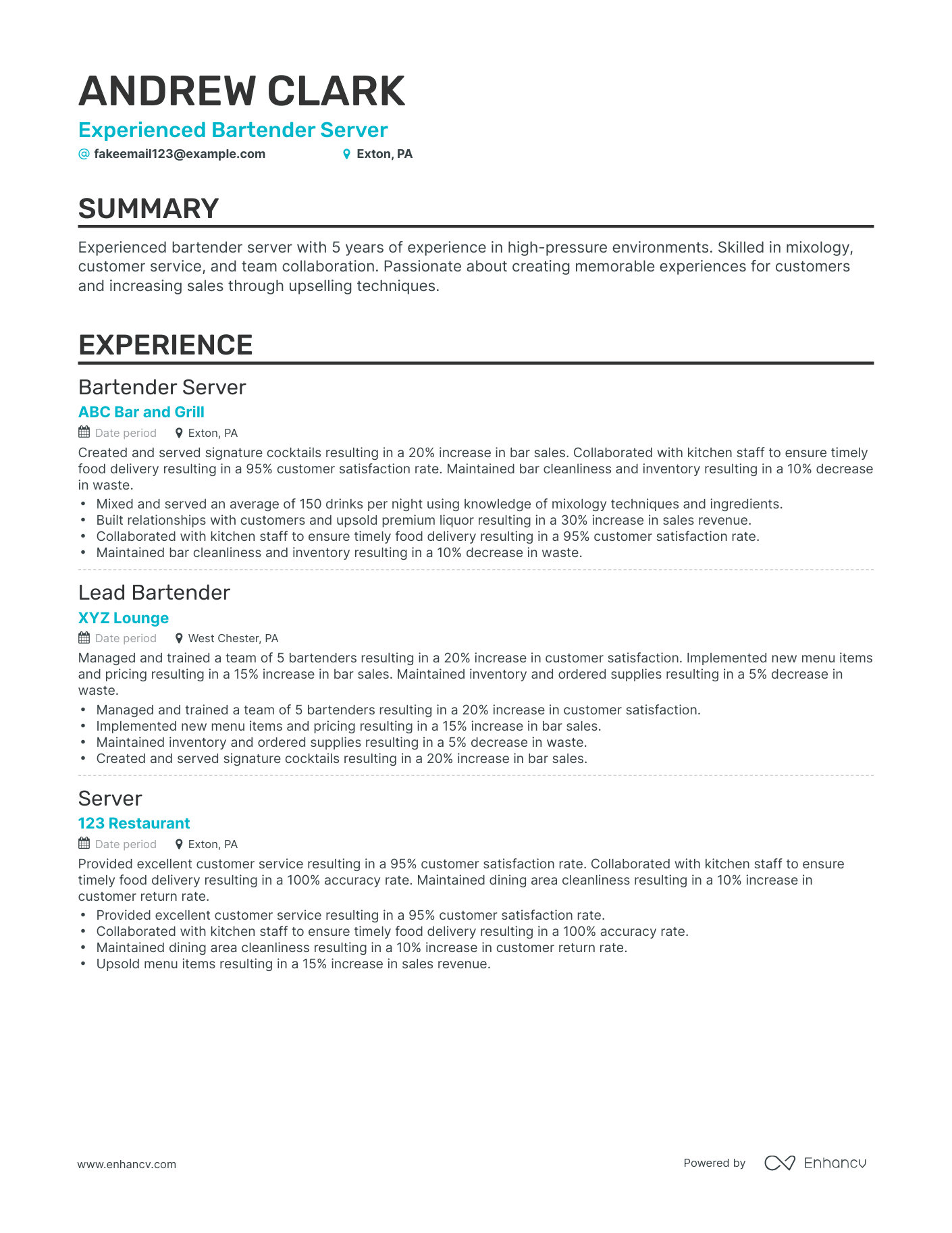 5 Bartender Server Resume Examples & Guide for 2024