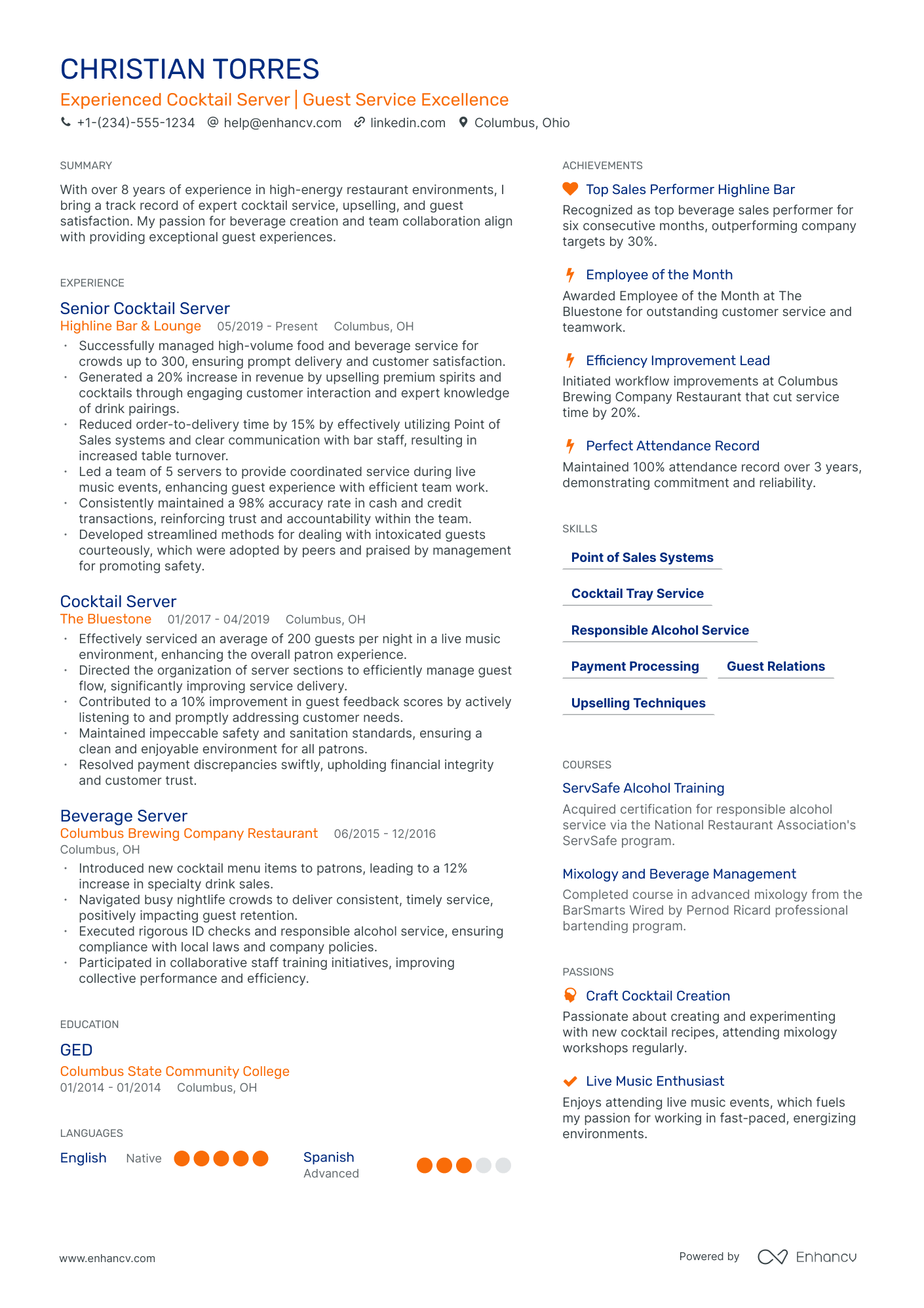 5 Cocktail Server Resume Examples & Guide for 2024