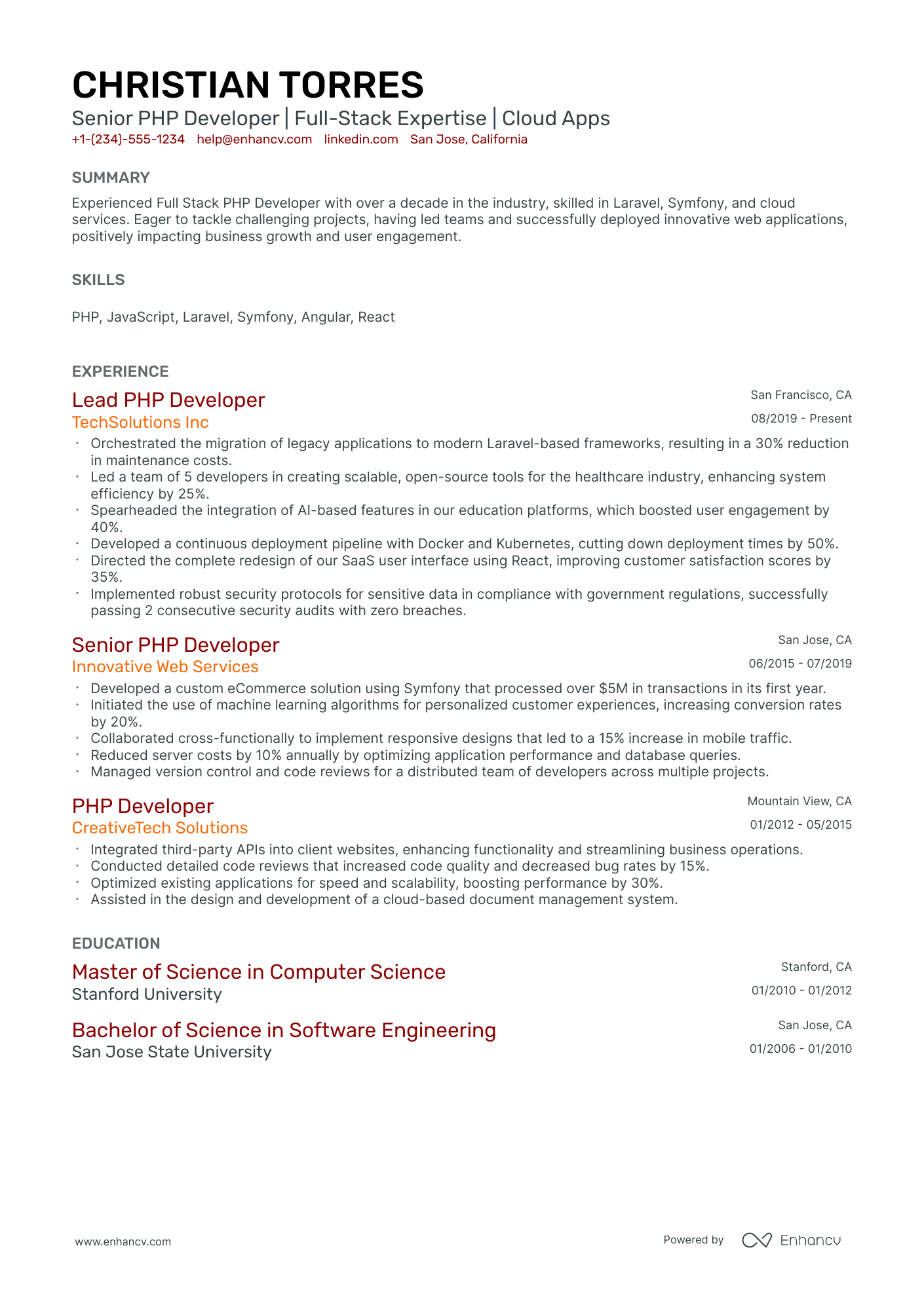 10 Senior PHP Developer Resume Examples & Guide for 2025