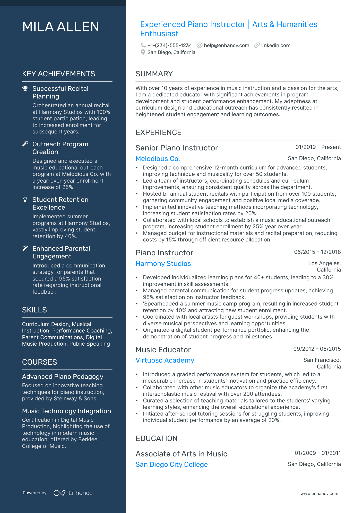 10 Piano Teacher Resume Examples, Templates & Guide for 2026