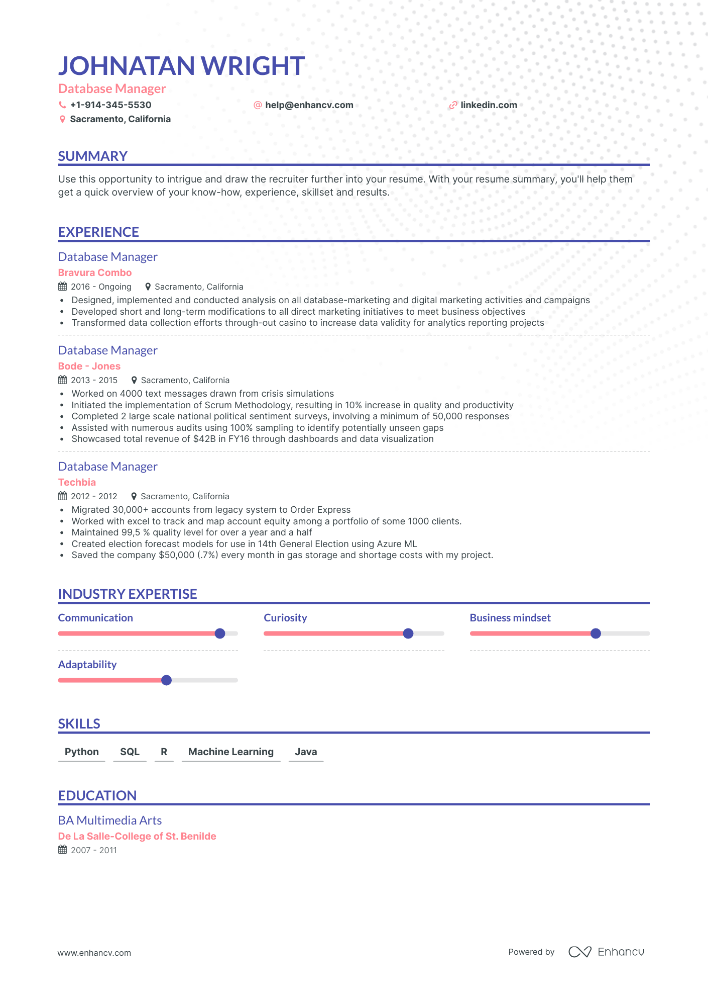 Database Manager Resume Examples & Guide for 2023 (Layout, Skills ...