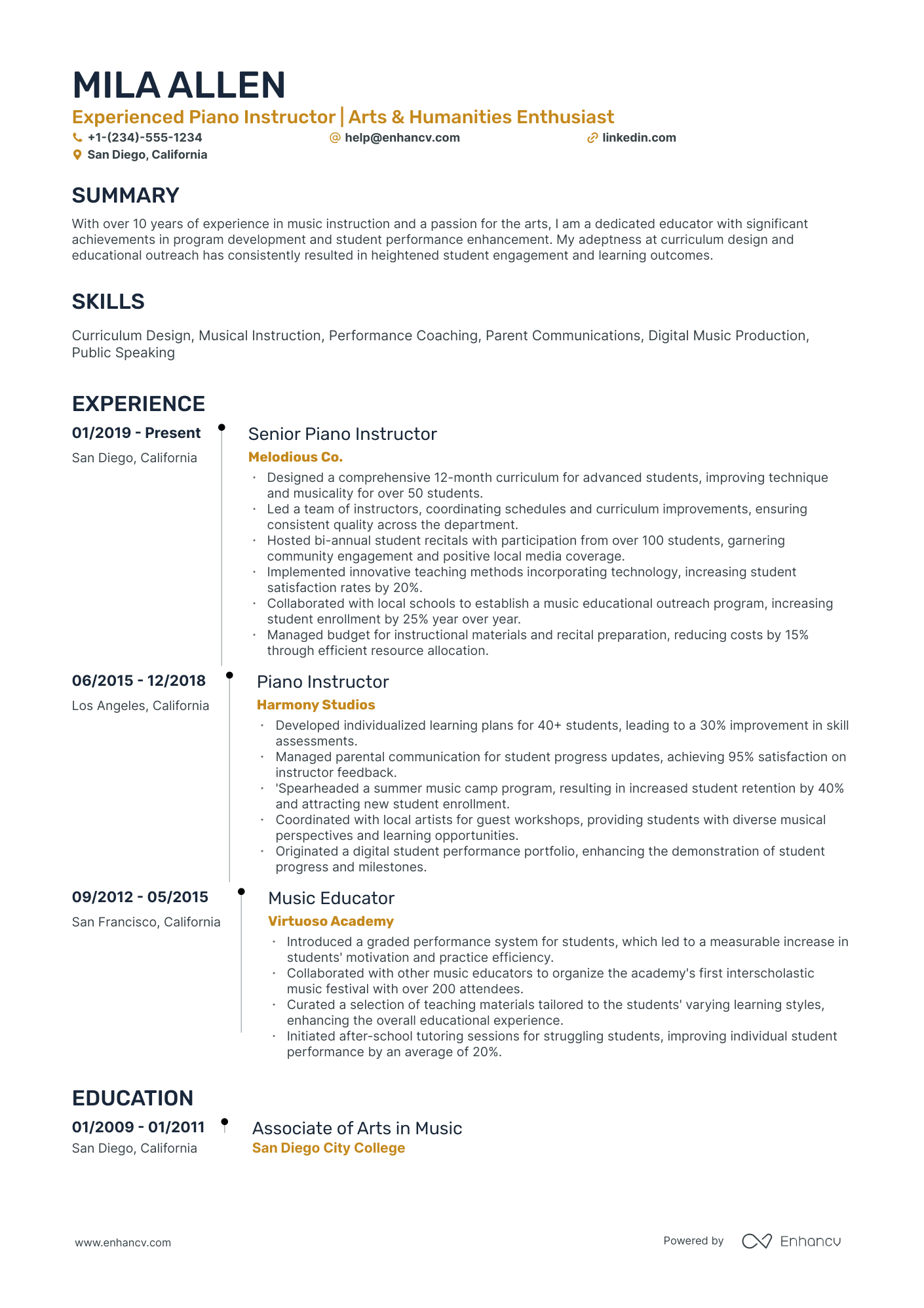 10 Piano Teacher Resume Examples, Templates & Guide for 2026