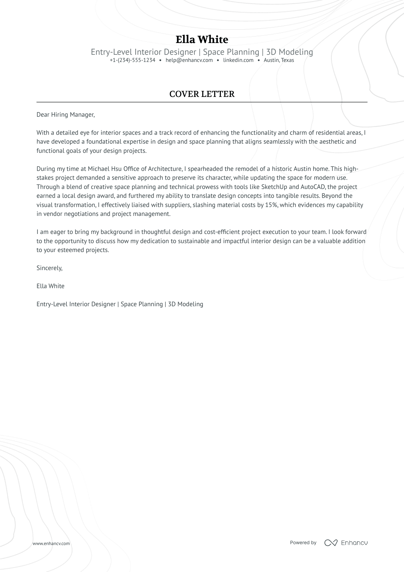 How to Write an Interior Designer Cover Letter (Free Examples) | Enhancv