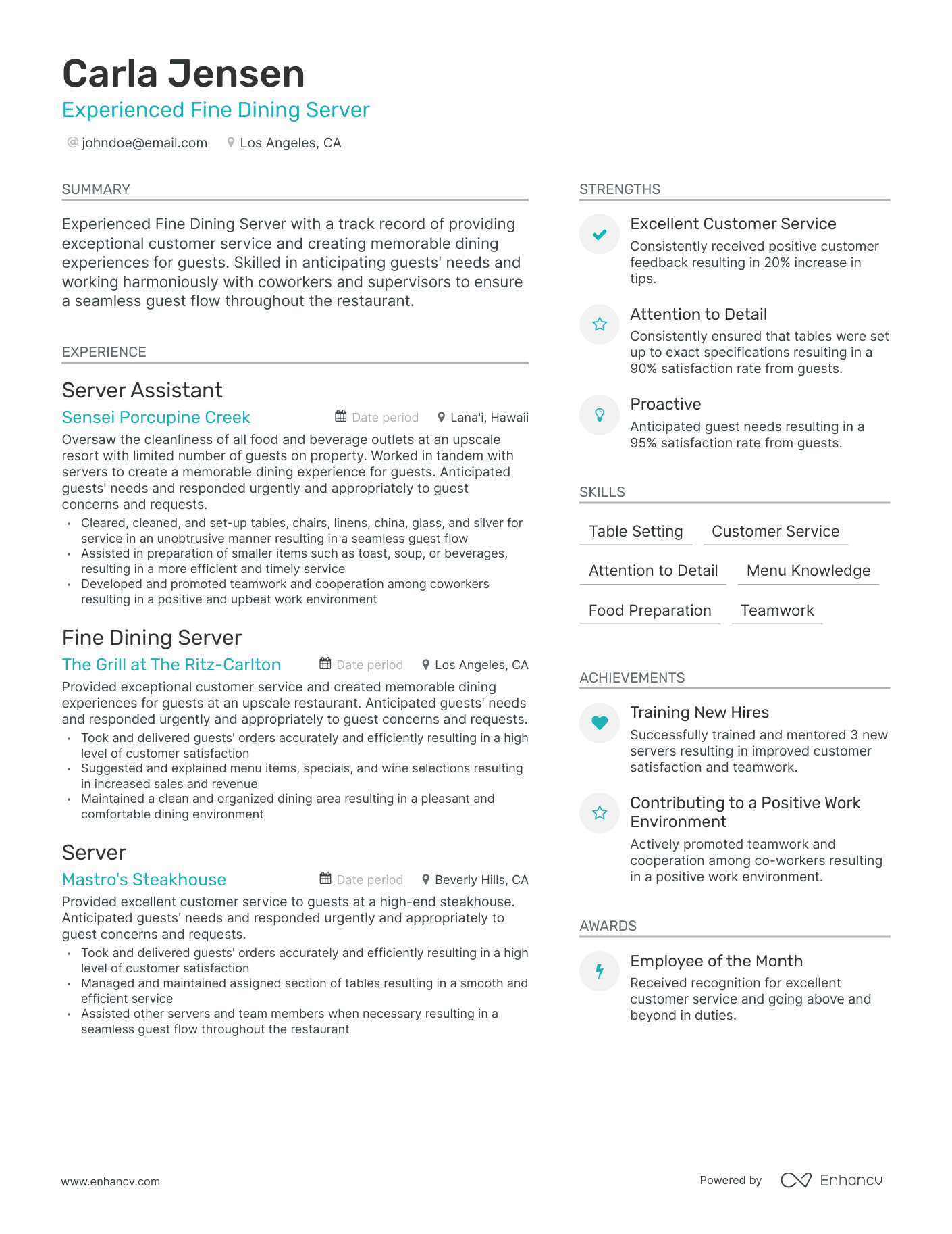 5 Fine Dining Server Resume Examples & Guide for 2024