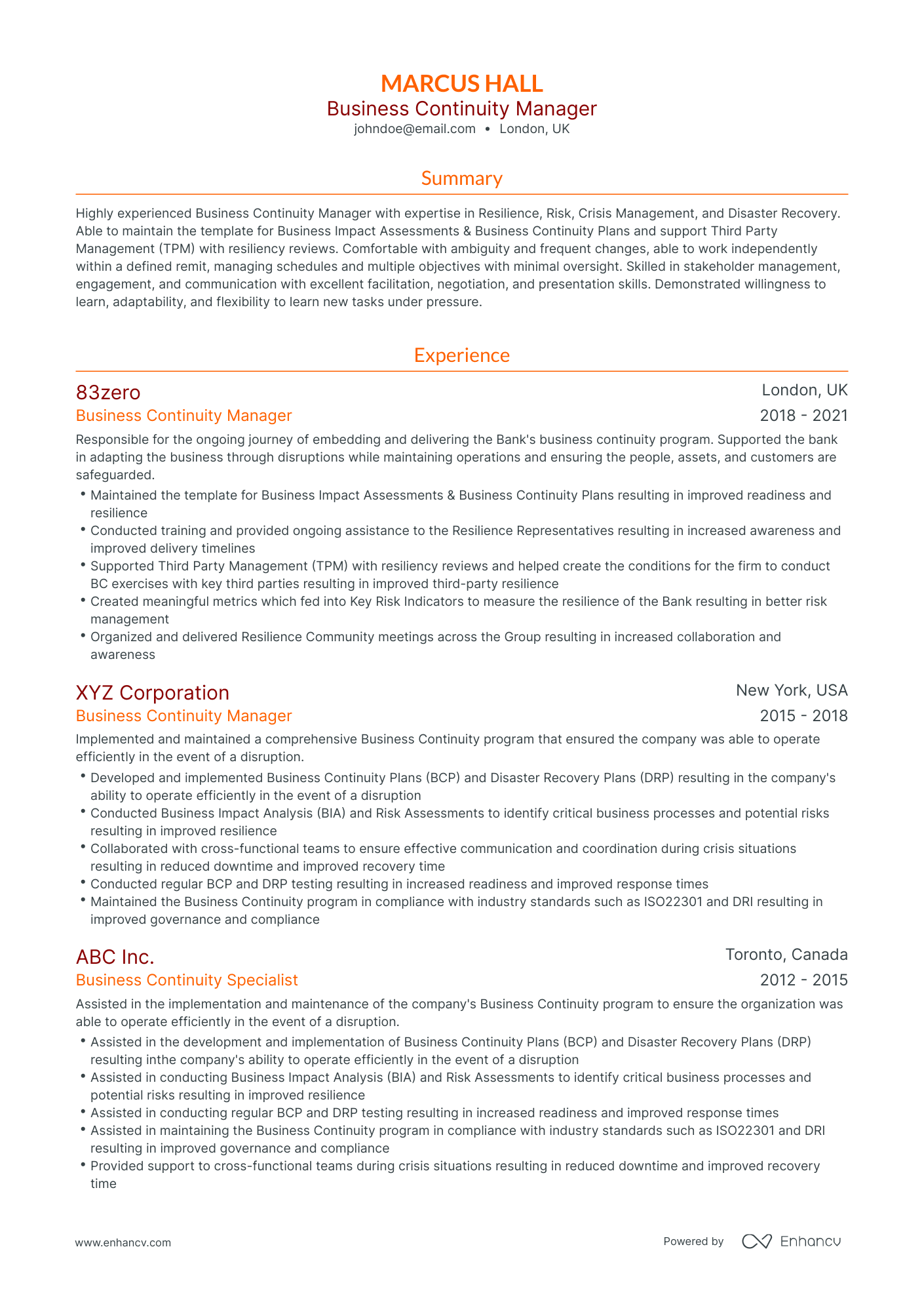 5 Business Continuity Manager Resume Examples & Guide for 2024
