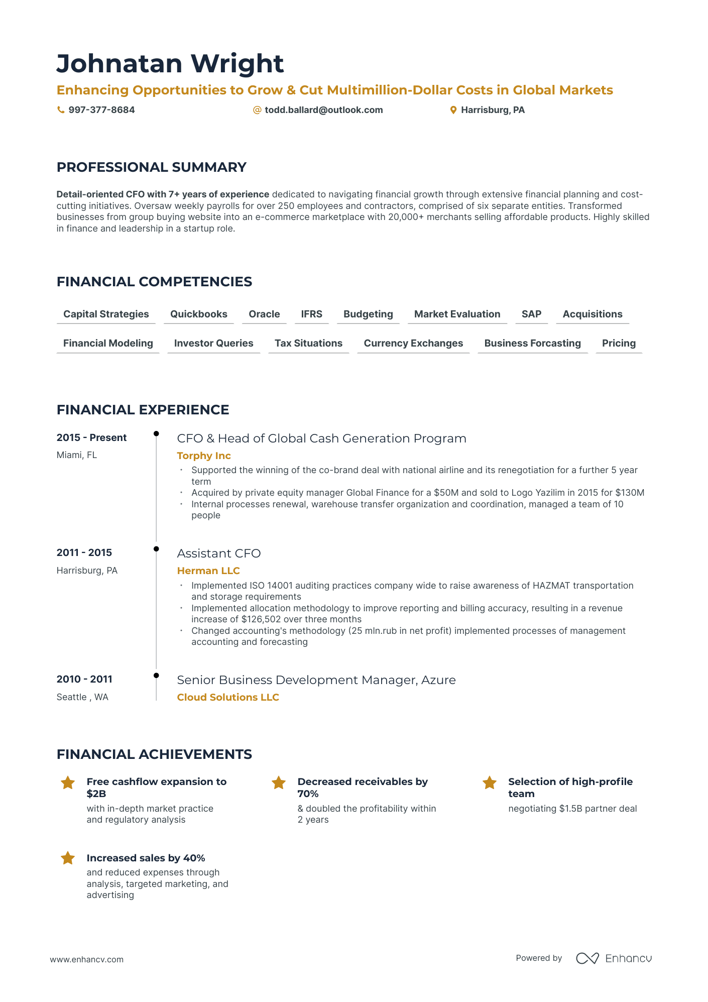 5 Chief Financial Officer Resume Examples - January 2025