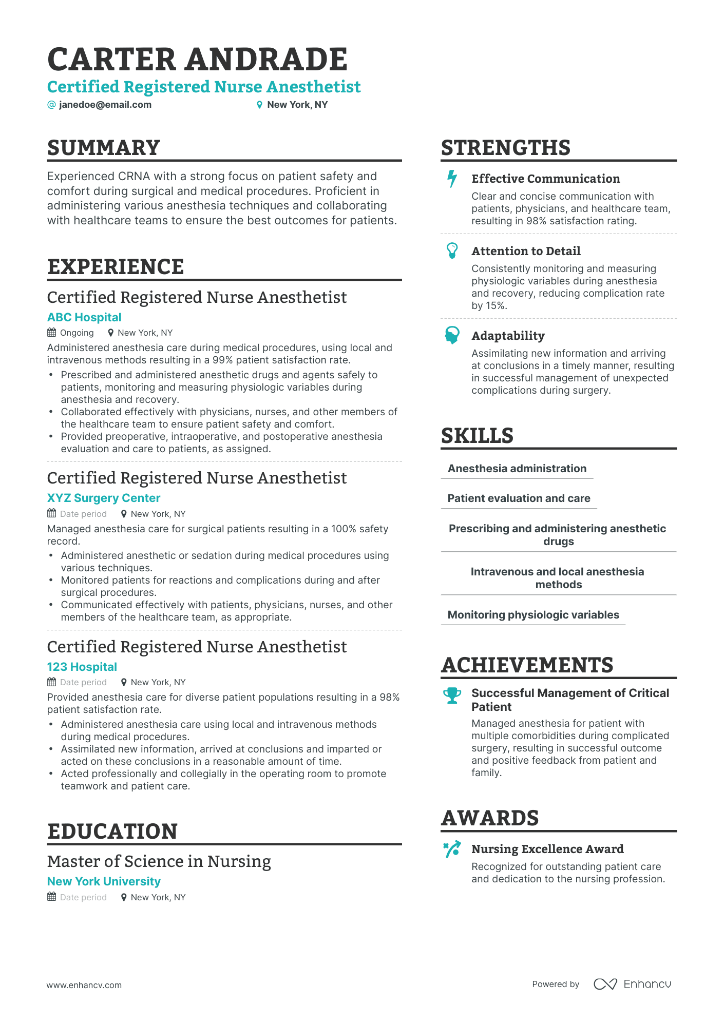 5 Nurse Anesthetist Resume Examples & Guide for 2024
