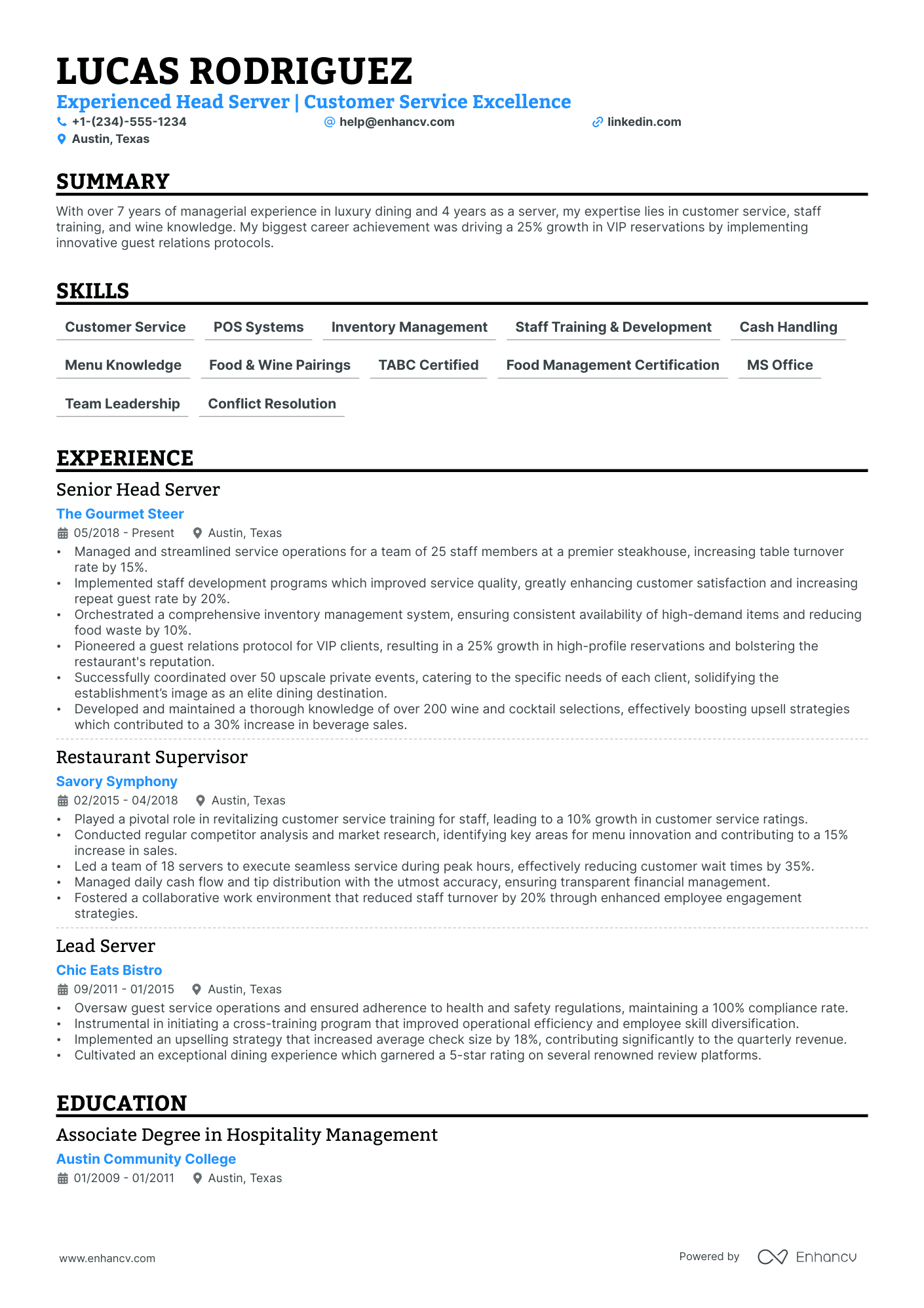 5 Head Server Resume Examples & Guide for 2024