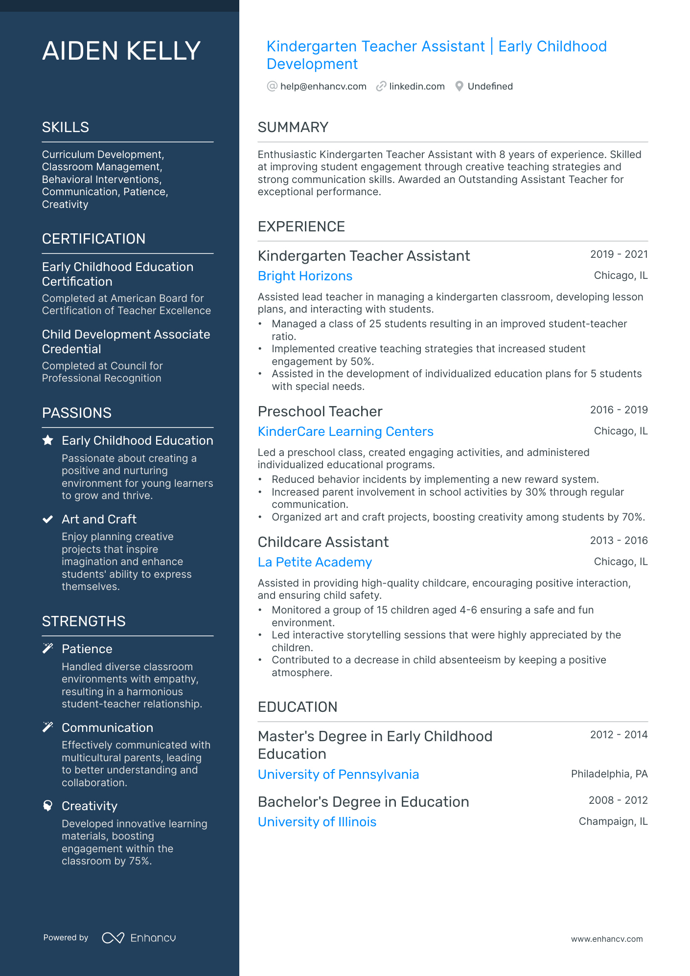 10 Kindergarten Teacher Assistant Resume Examples & Guide for 2025