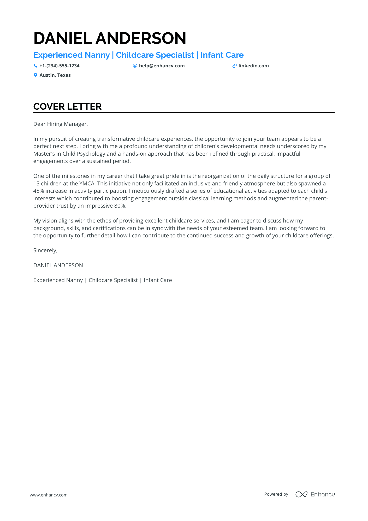 Professional Nanny Cover Letter Examples and Template for 2024 | Enhancv