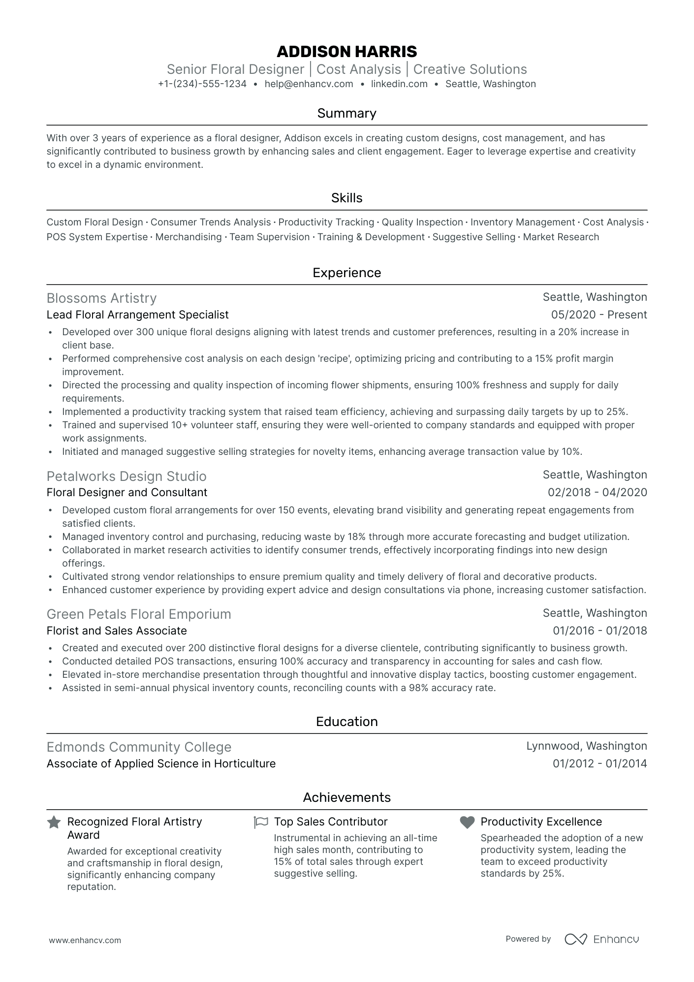 5 Floral Designer Resume Examples & Guide for 2024