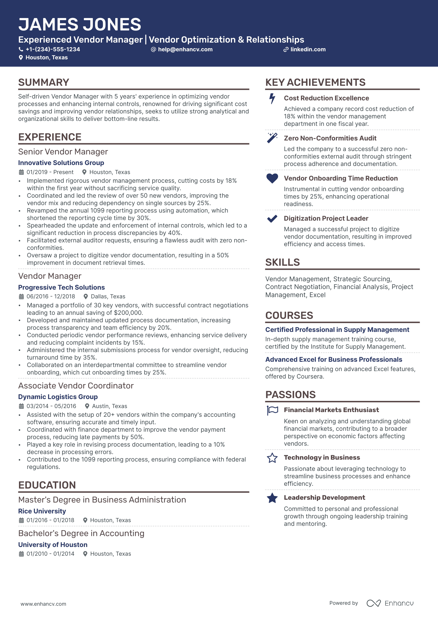 10 Vendor Manager Resume Examples & Guide for 2025
