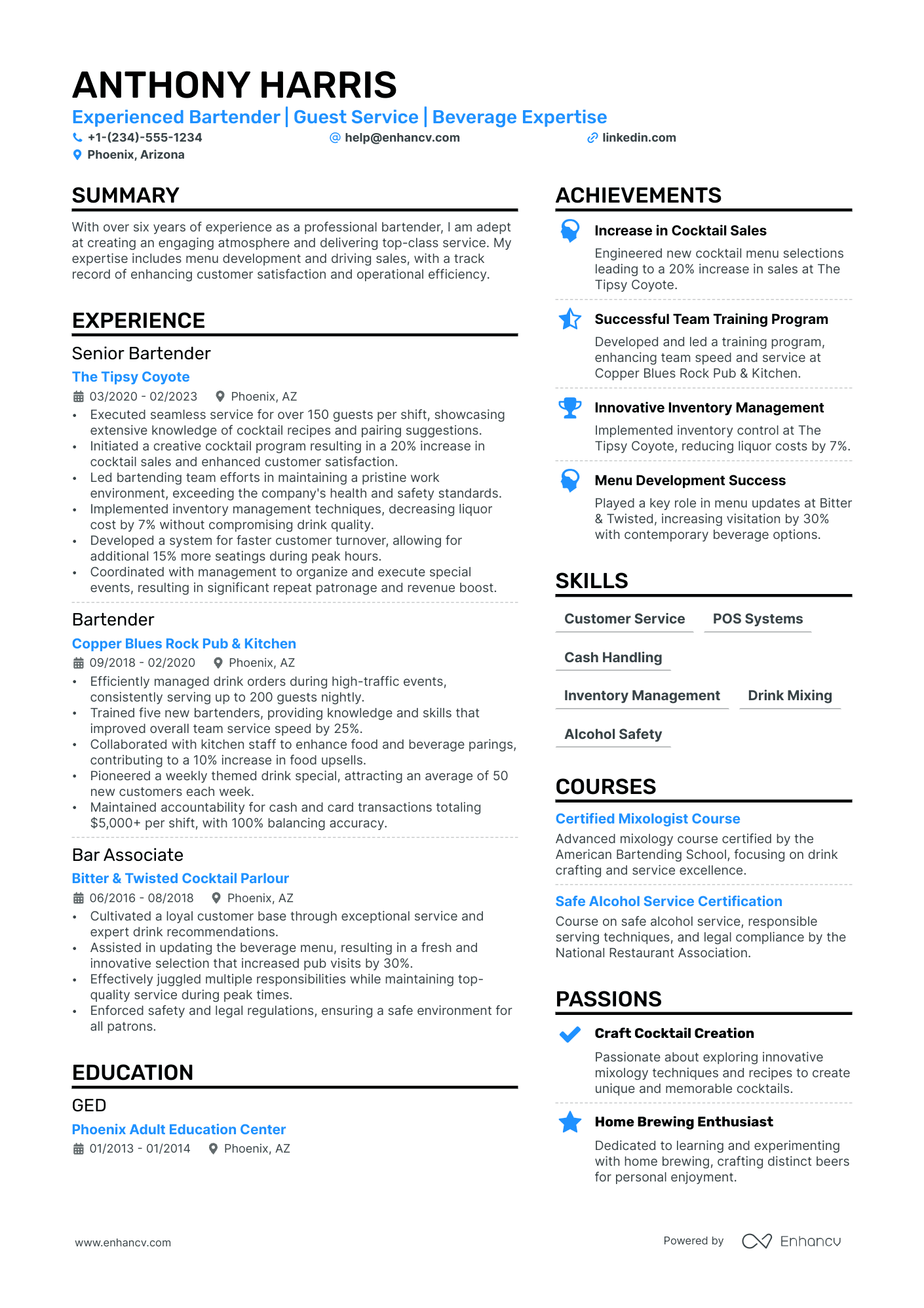 15 Bartender Resume Examples & Guide for 2024