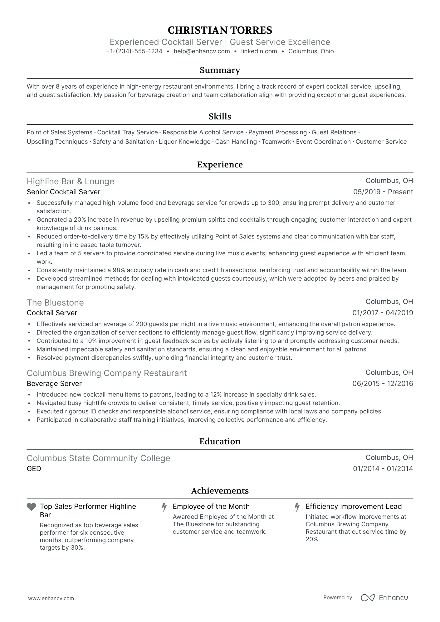 5 Cocktail Server Resume Examples & Guide for 2024