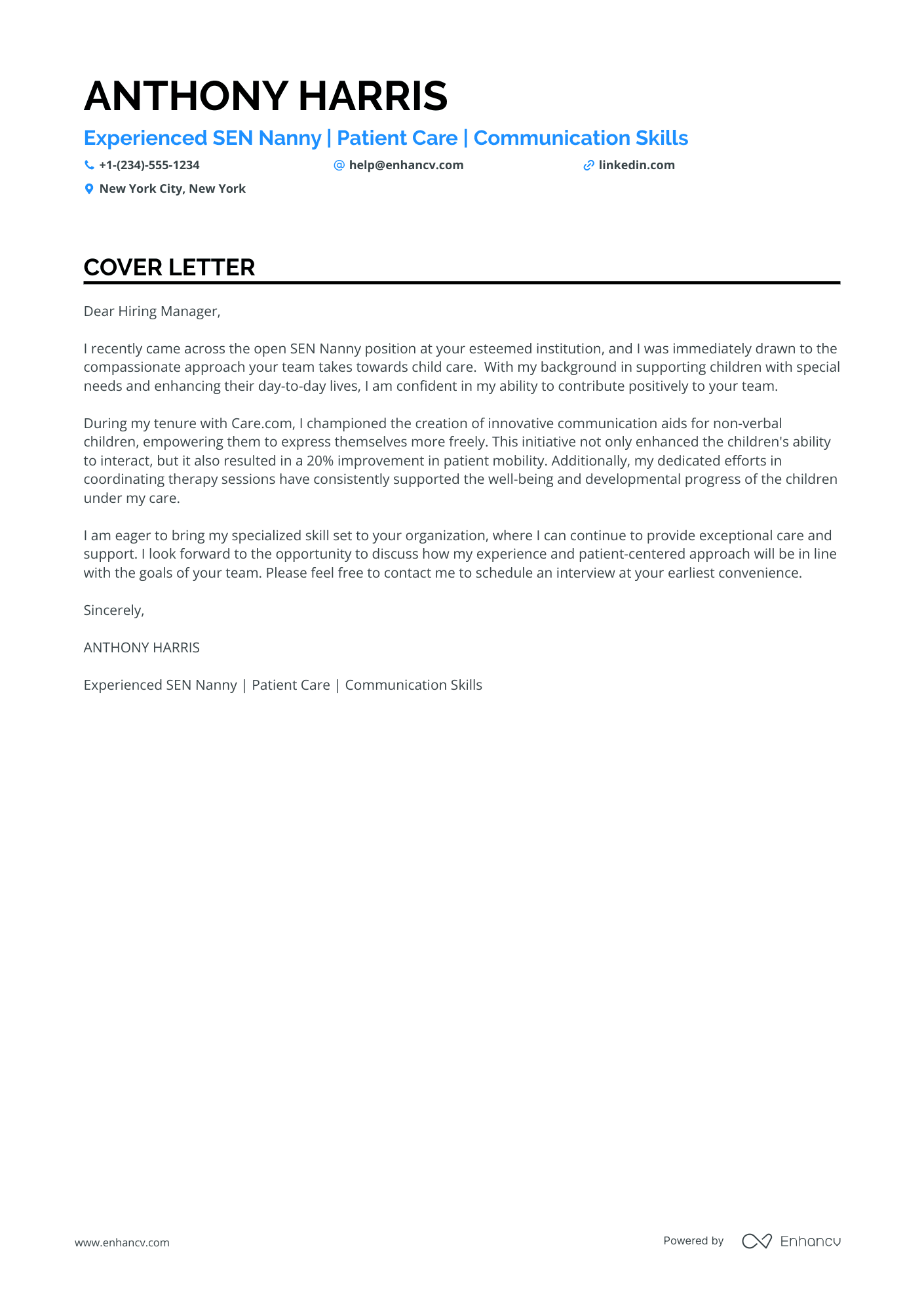 Professional Nanny Cover Letter Examples and Template for 2024 | Enhancv