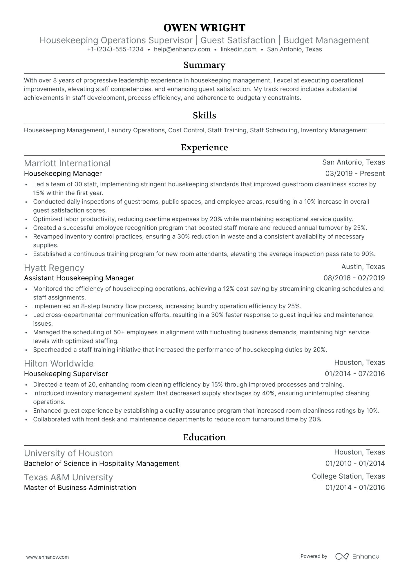 10 Housekeeping Manager Resume Examples & Guide for 2026