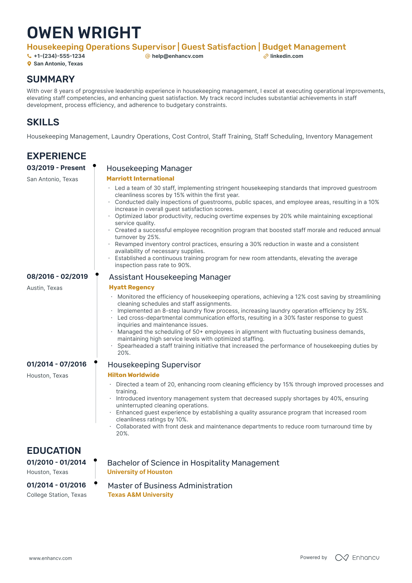 10 Housekeeping Manager Resume Examples & Guide for 2026