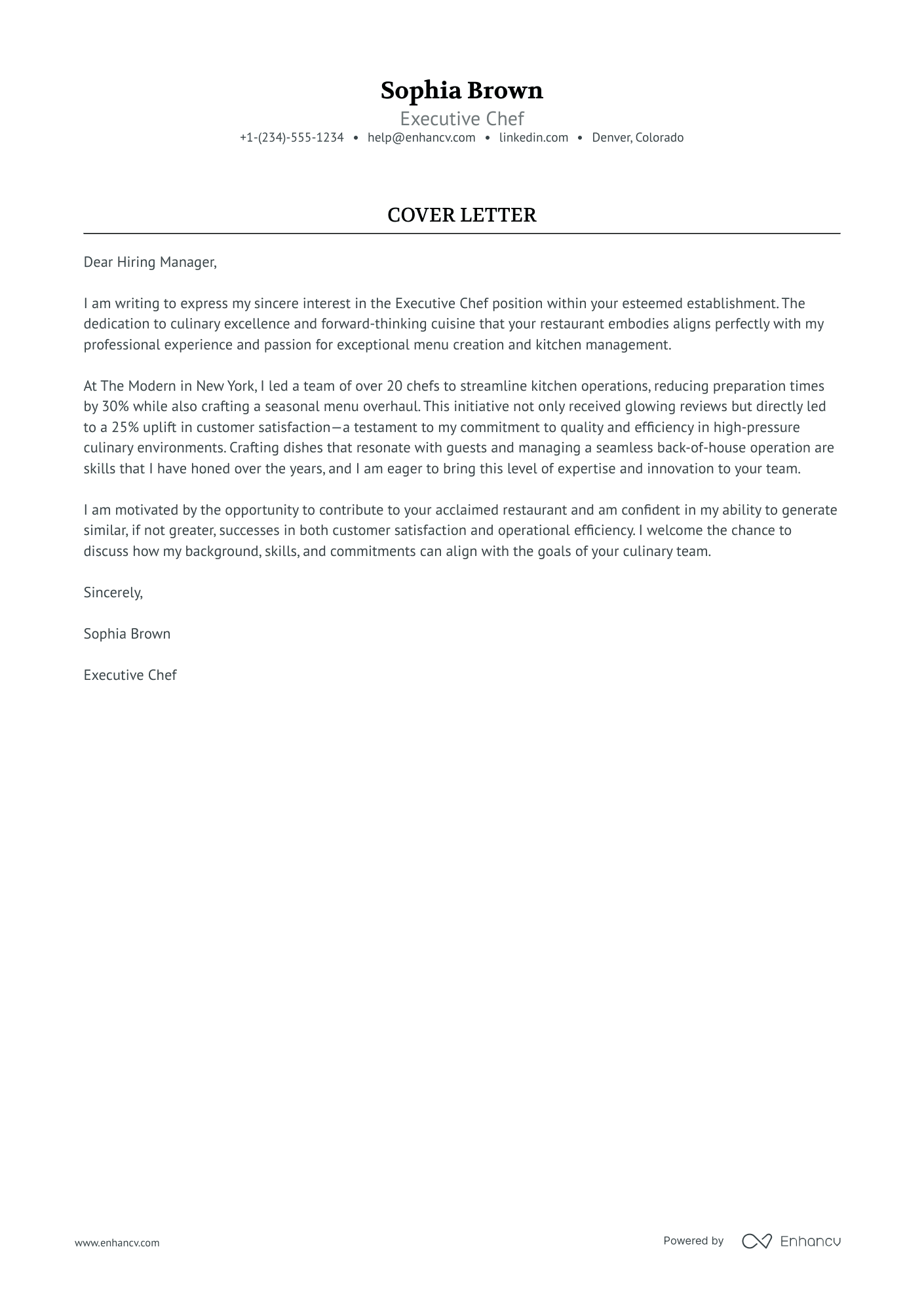 9 Professional Chef Cover Letter Examples and Template for 2026 | Enhancv