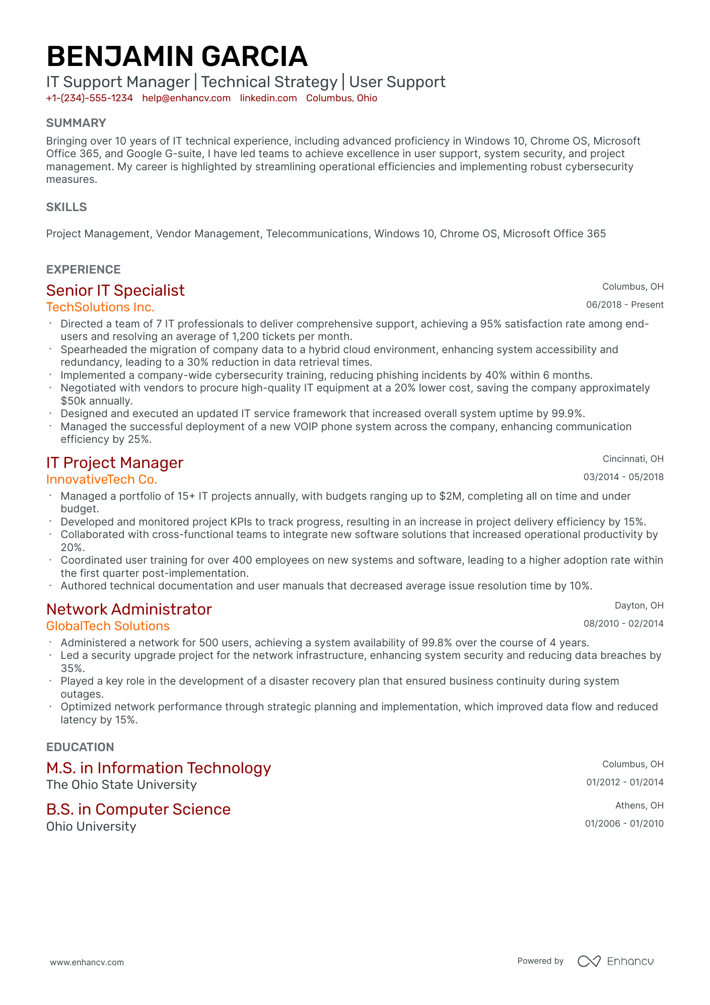 10 IT Support Manager Resume Examples & Guide for 2025