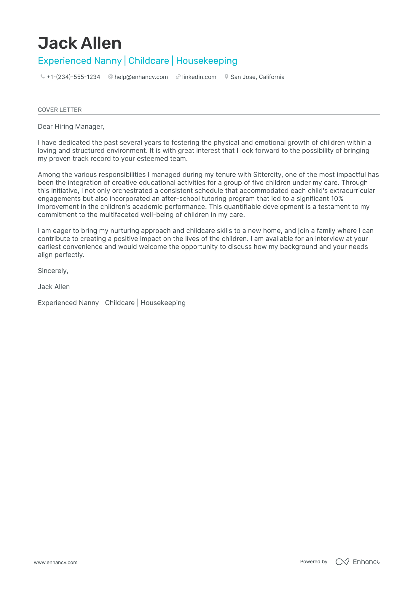 11 Professional Nanny Cover Letter Examples and Template for 2026 | Enhancv