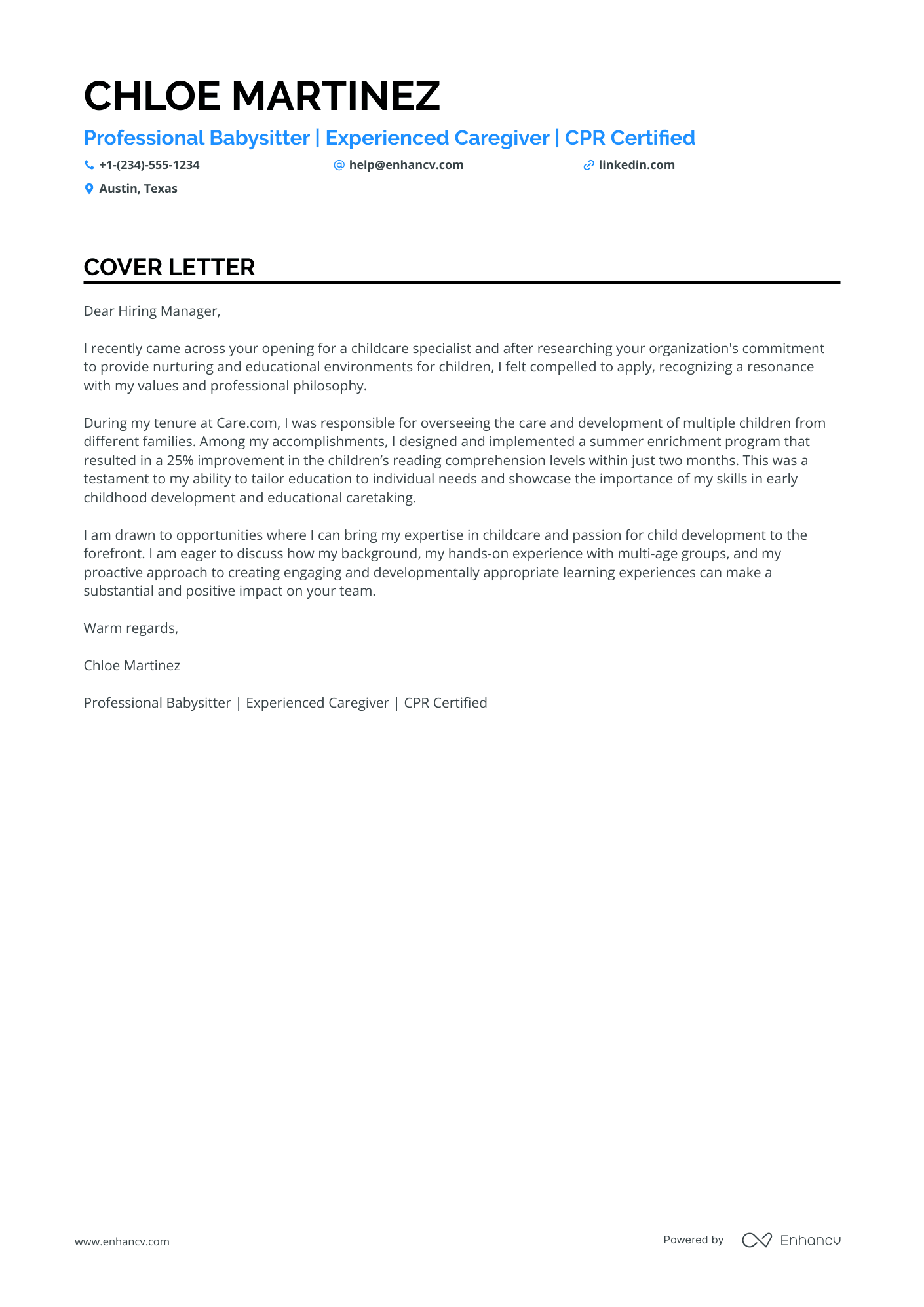 Professional Nanny Cover Letter Examples and Template for 2024 | Enhancv