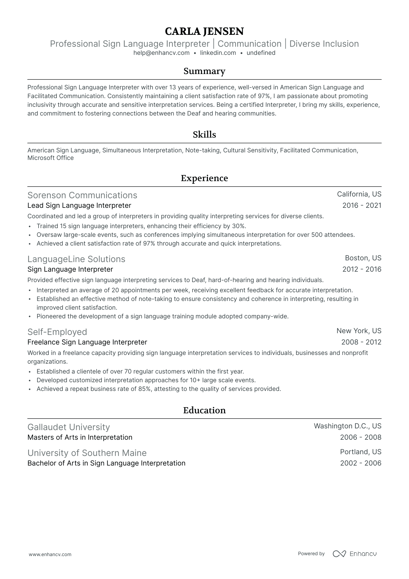 10 Sign Language Interpreter Resume Examples & Guide for 2025