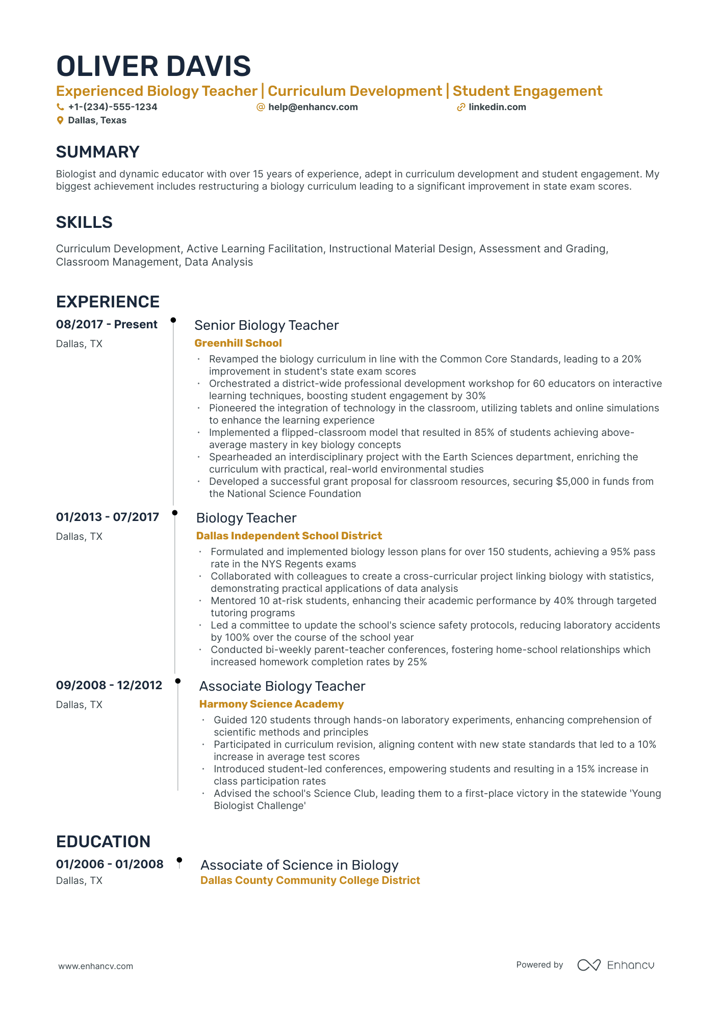 10 Biology Teacher Resume Examples, Templates & Guide for 2026