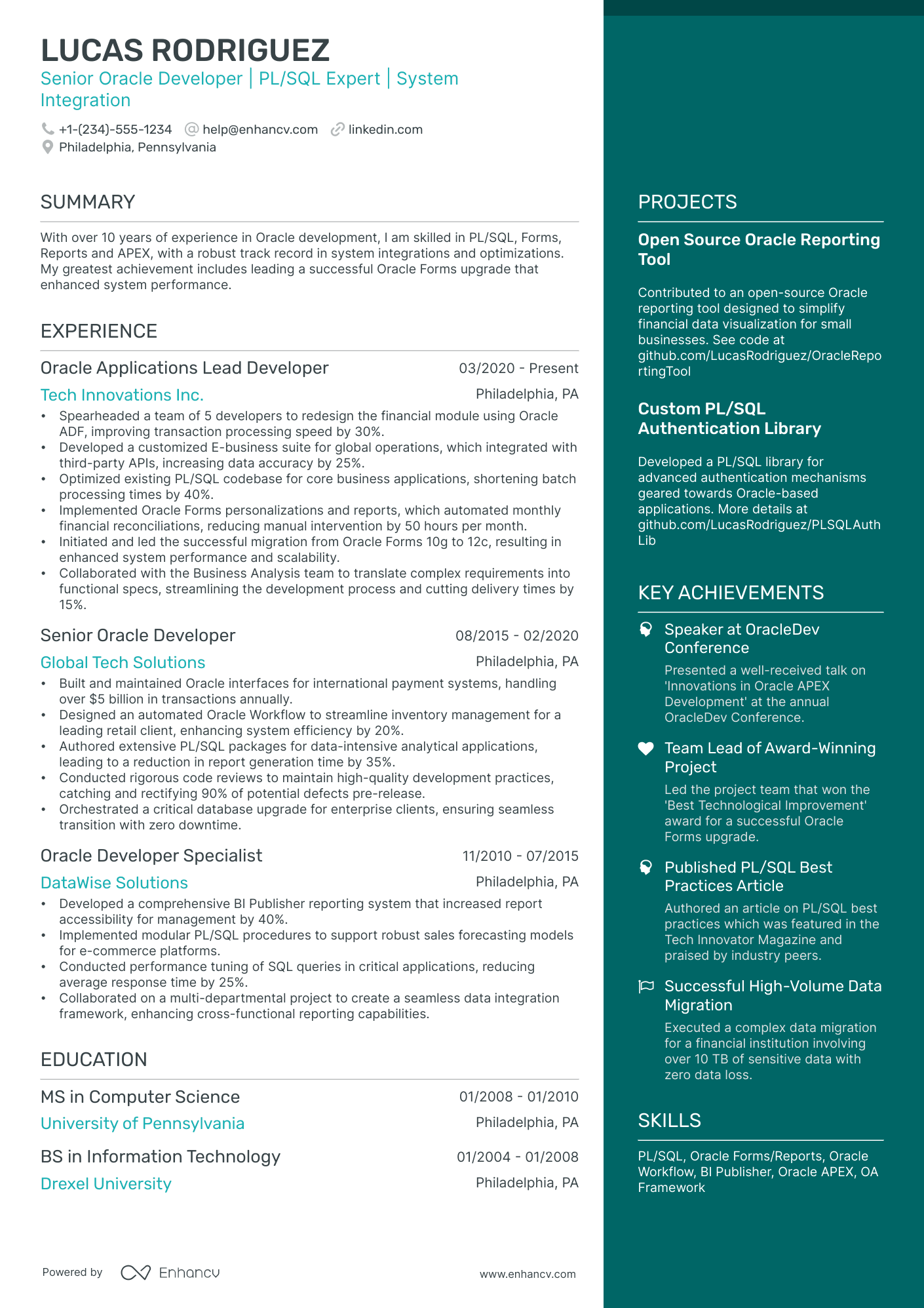10 Senior Oracle Developer Resume Examples & Guide for 2025