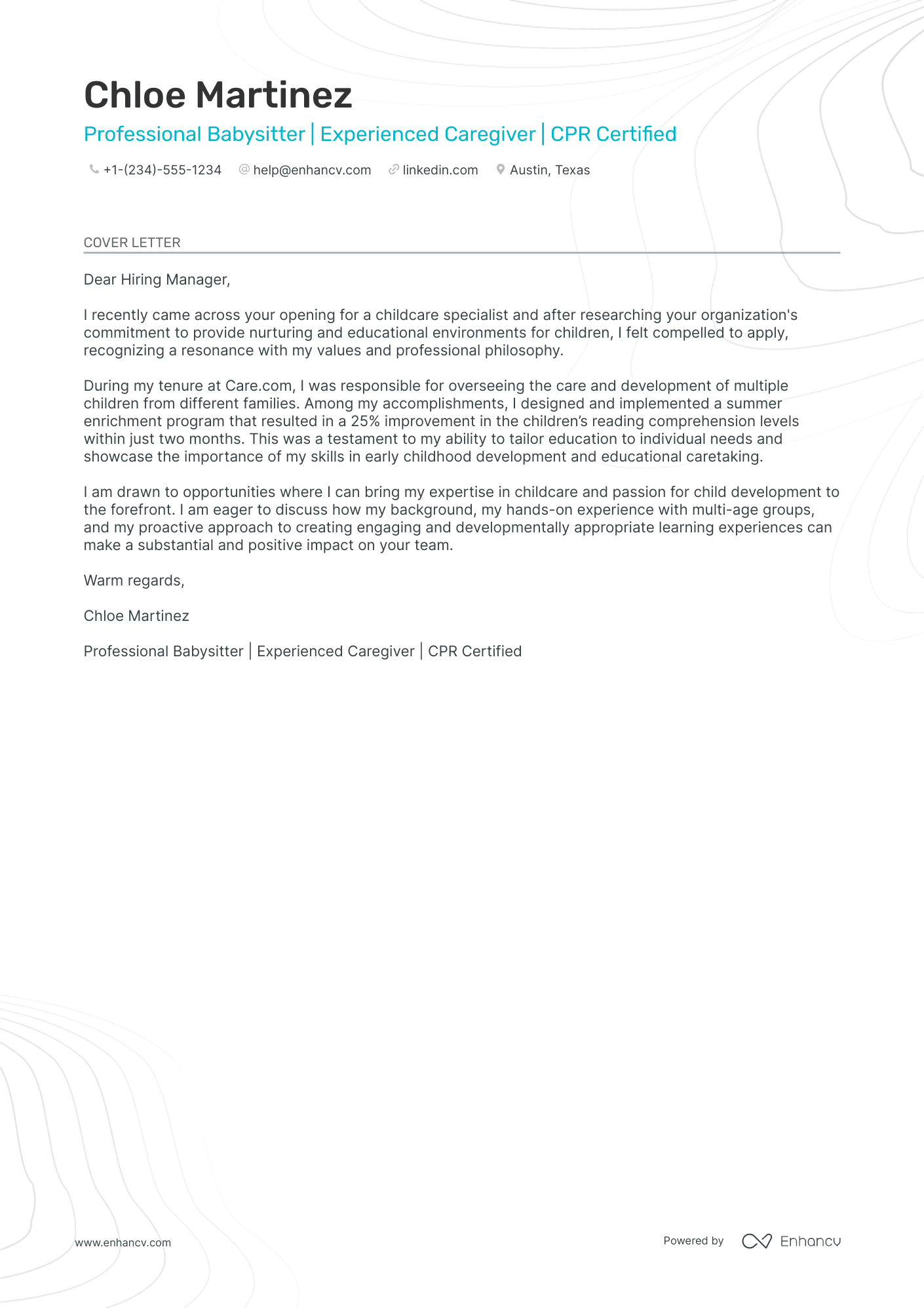 11 Professional Nanny Cover Letter Examples and Template for 2024 | Enhancv