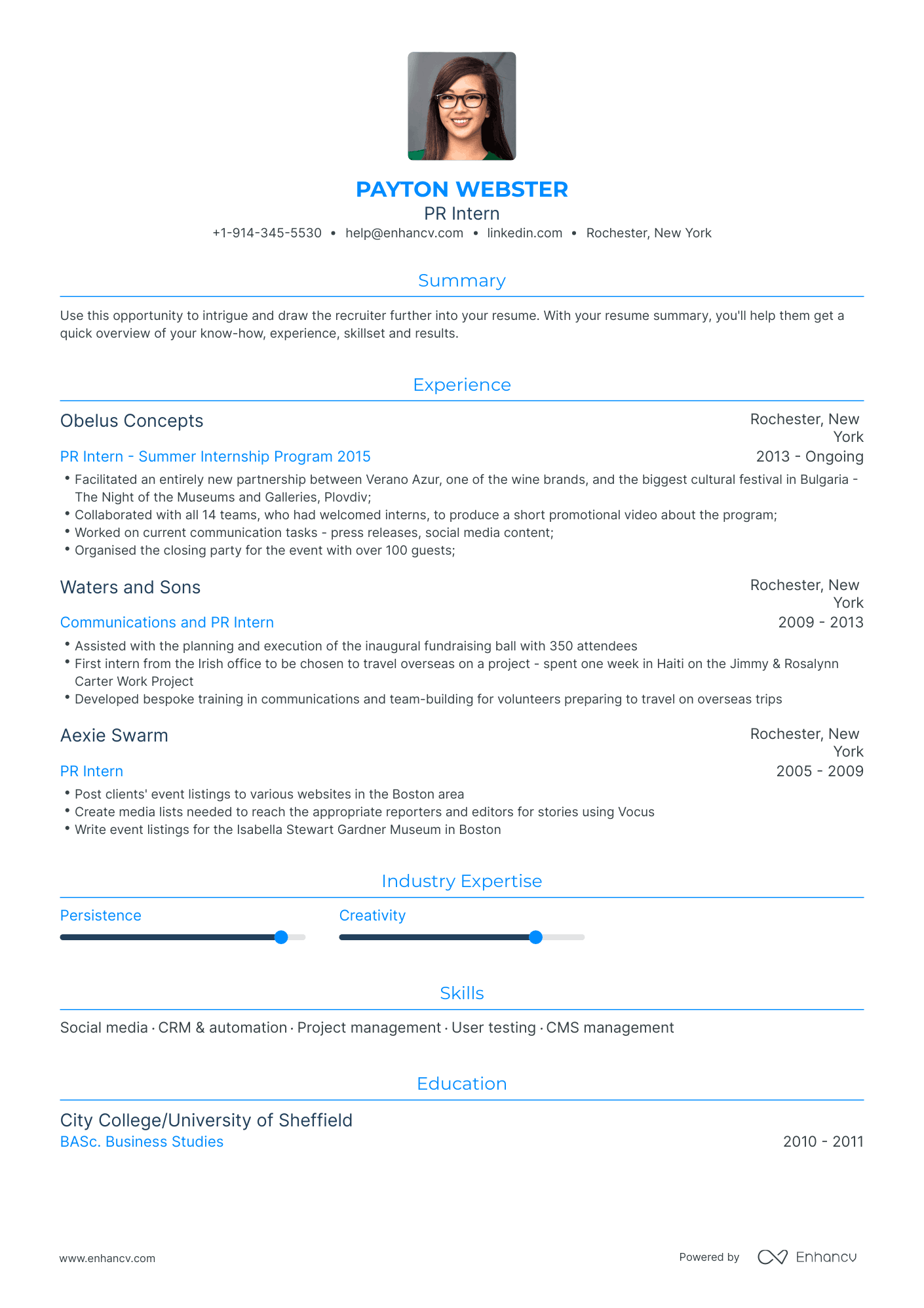 Top Pr Intern Resume Examples & Samples for 2023 | Enhancv.com (Layout ...
