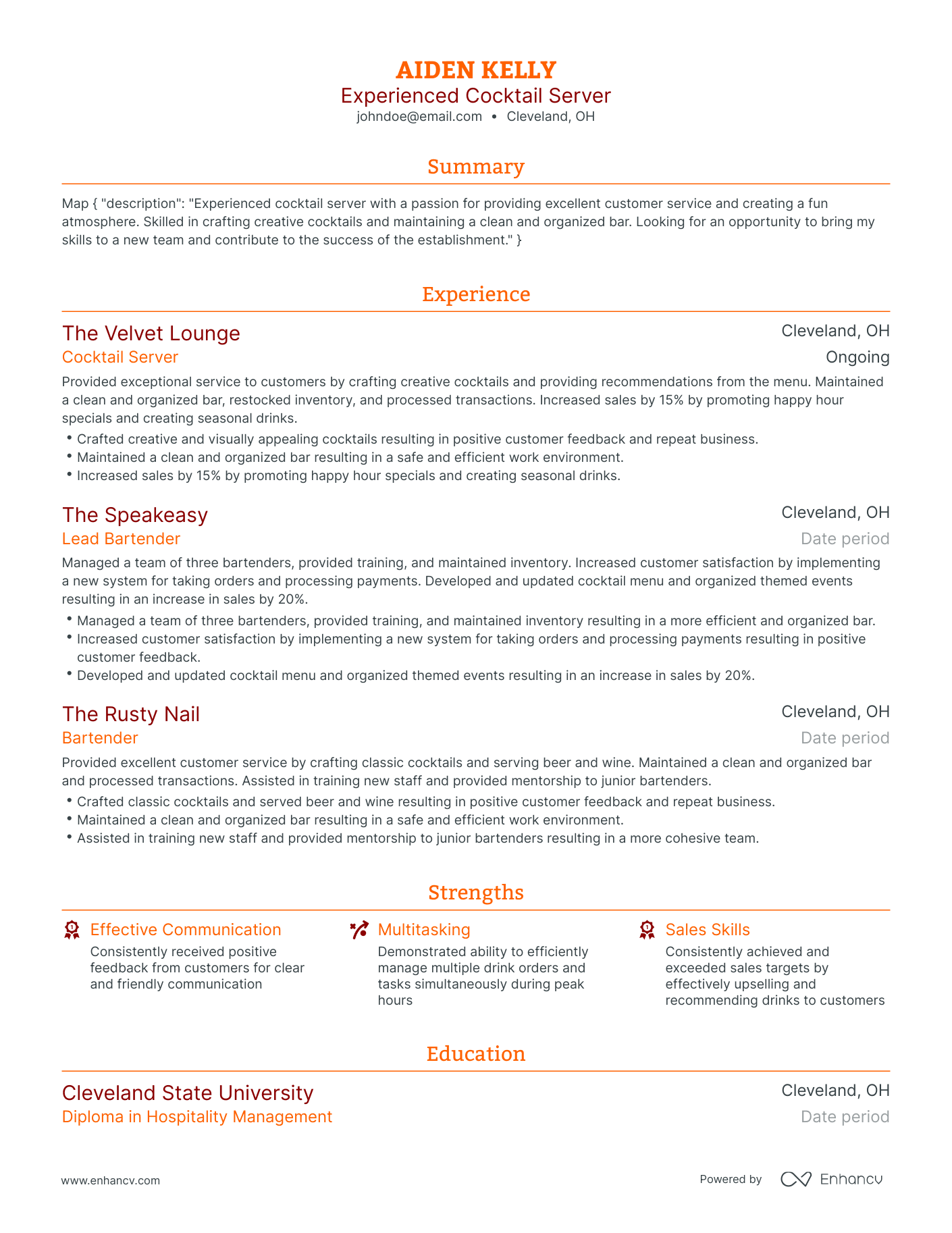 5 Cocktail Server Resume Examples & Guide for 2023