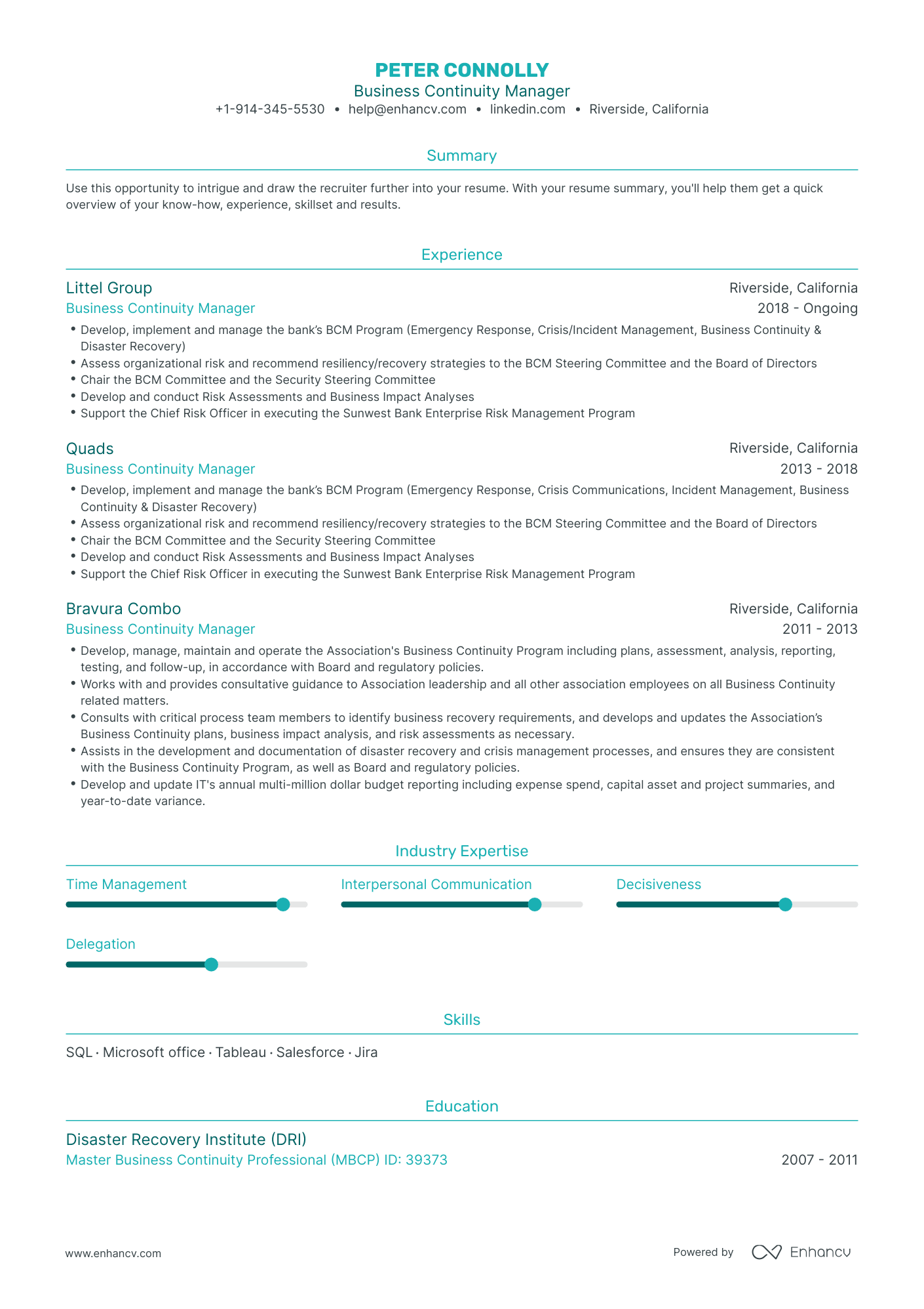 Business Continuity Manager Resume Examples & Guide for 2023 (Layout ...