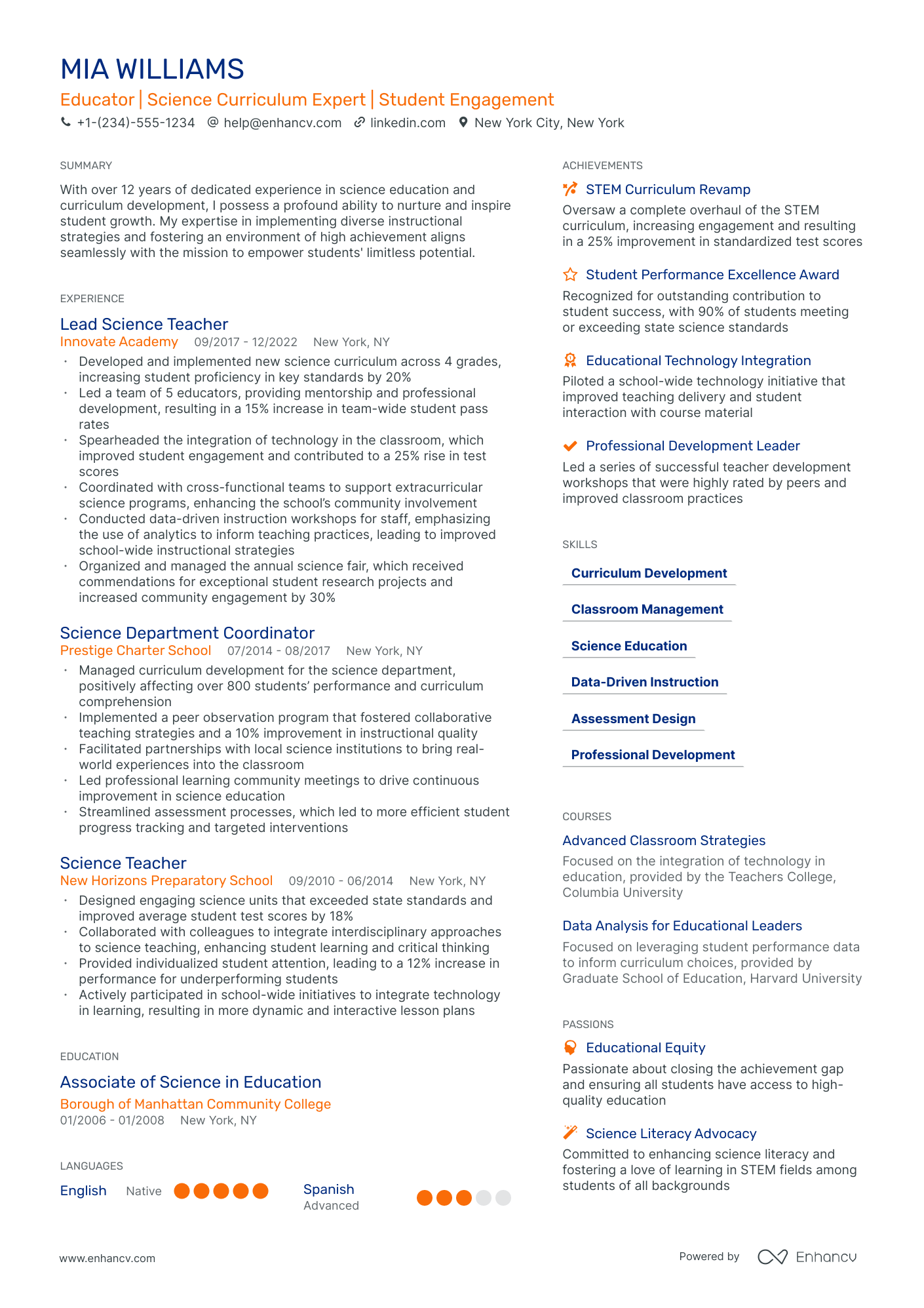 5 Science Teacher Resume Examples & Guide for 2024