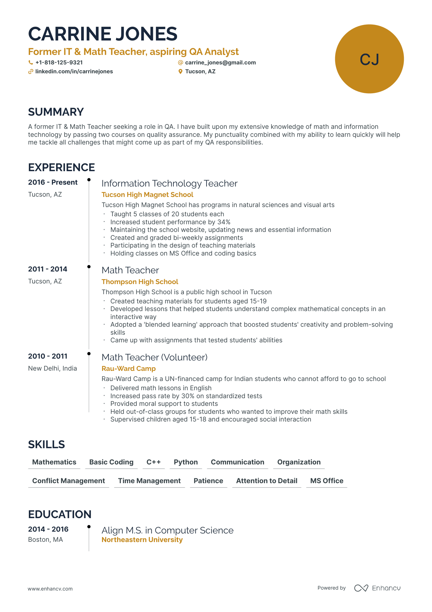 5 Teacher Career Change Resume Examples & Guide for 2024