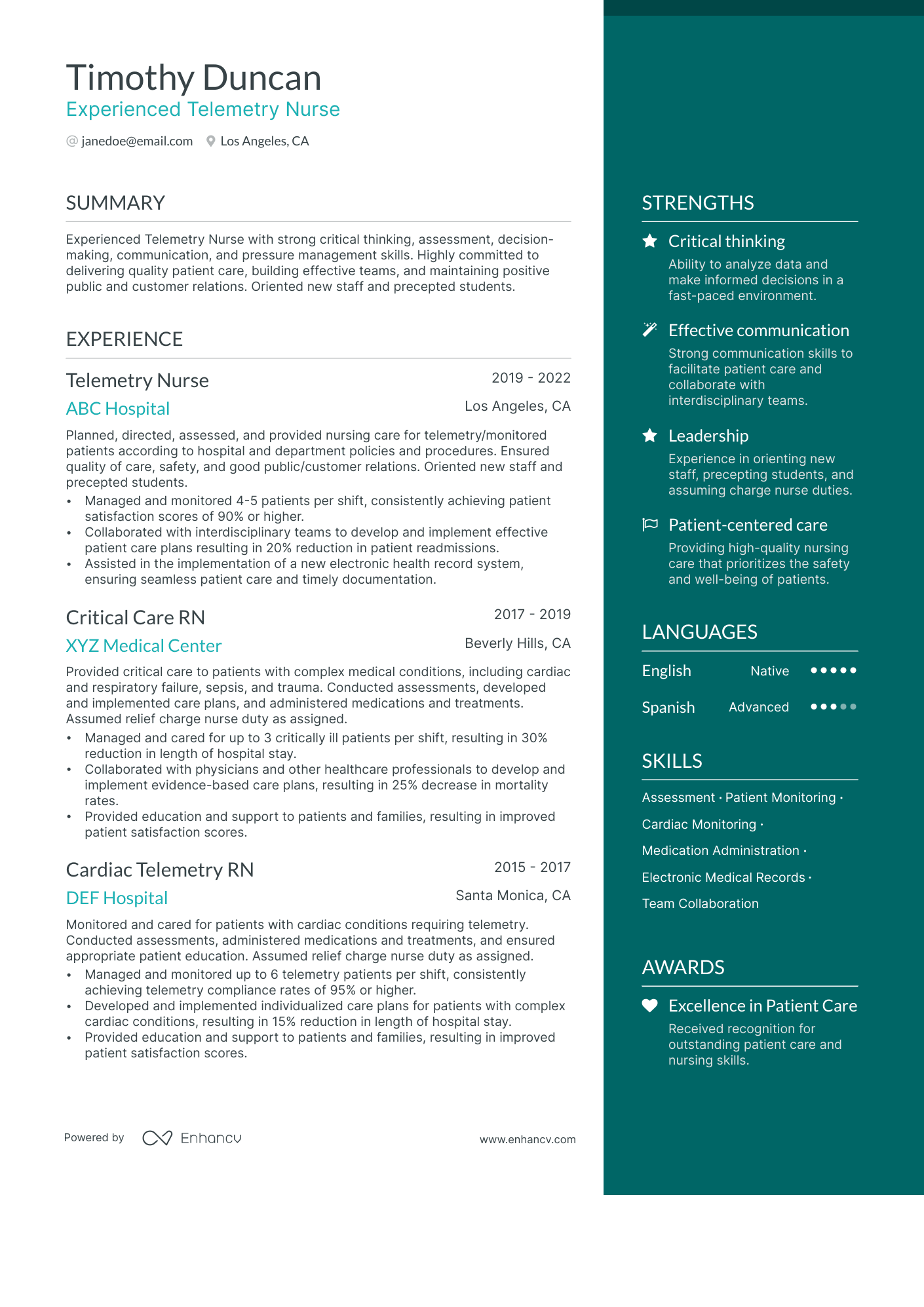5 Telemetry Nurse Resume Examples & Guide for 2025