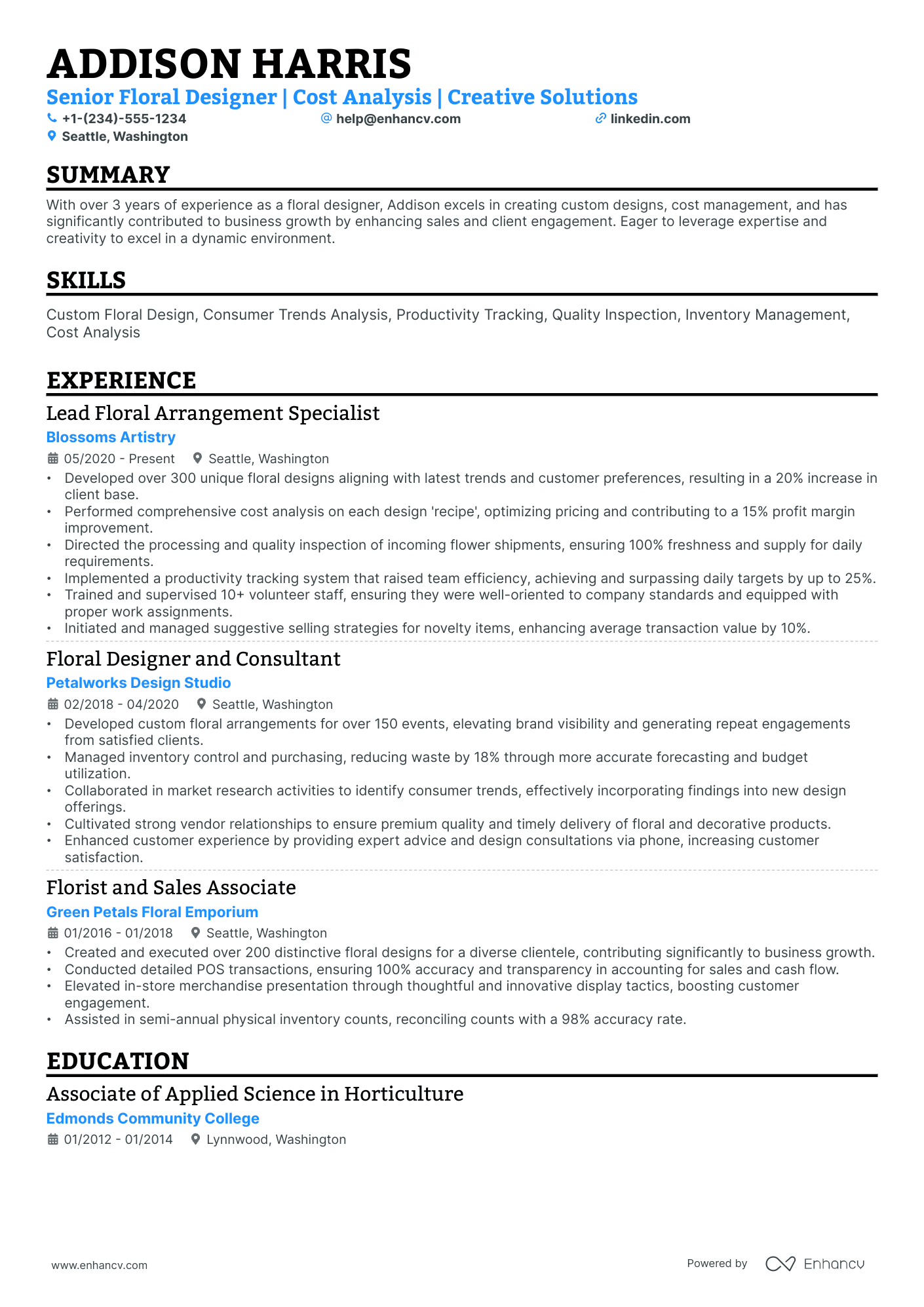 10 Floral Designer Resume Examples & Guide for 2026