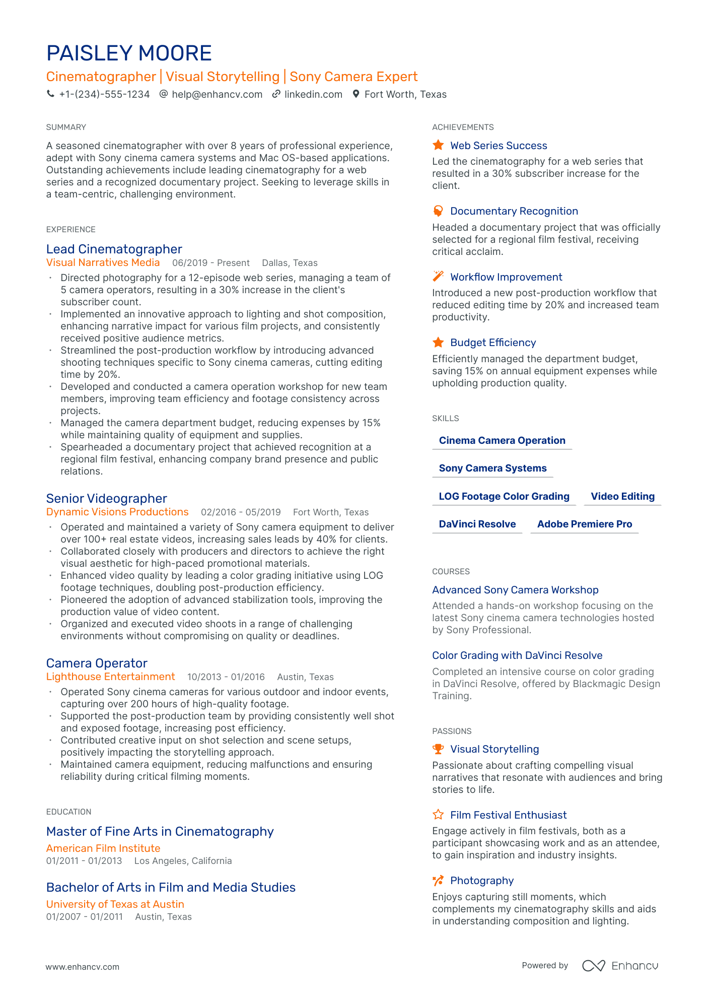 5 Cinematographer Resume Examples & Guide for 2025