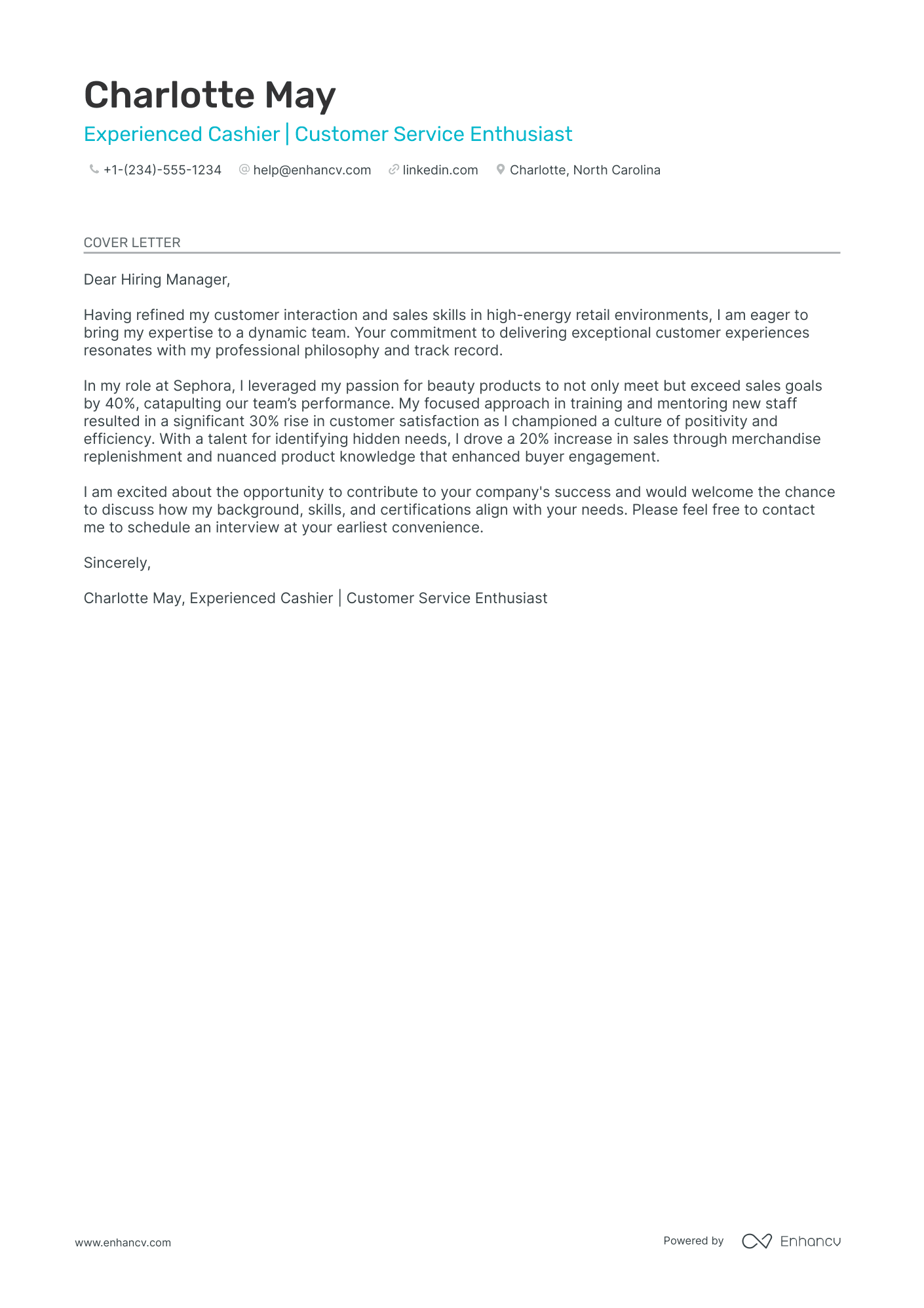 How to Write a Cashier Cover Letter (Free Examples) | Enhancv