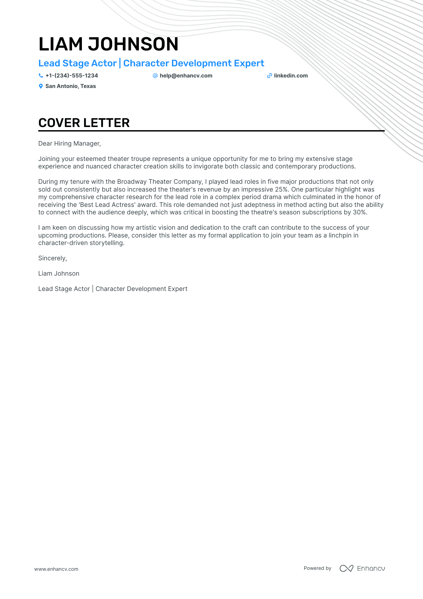 5 Professional Actor Cover Letter Examples and Template for 2025 | Enhancv