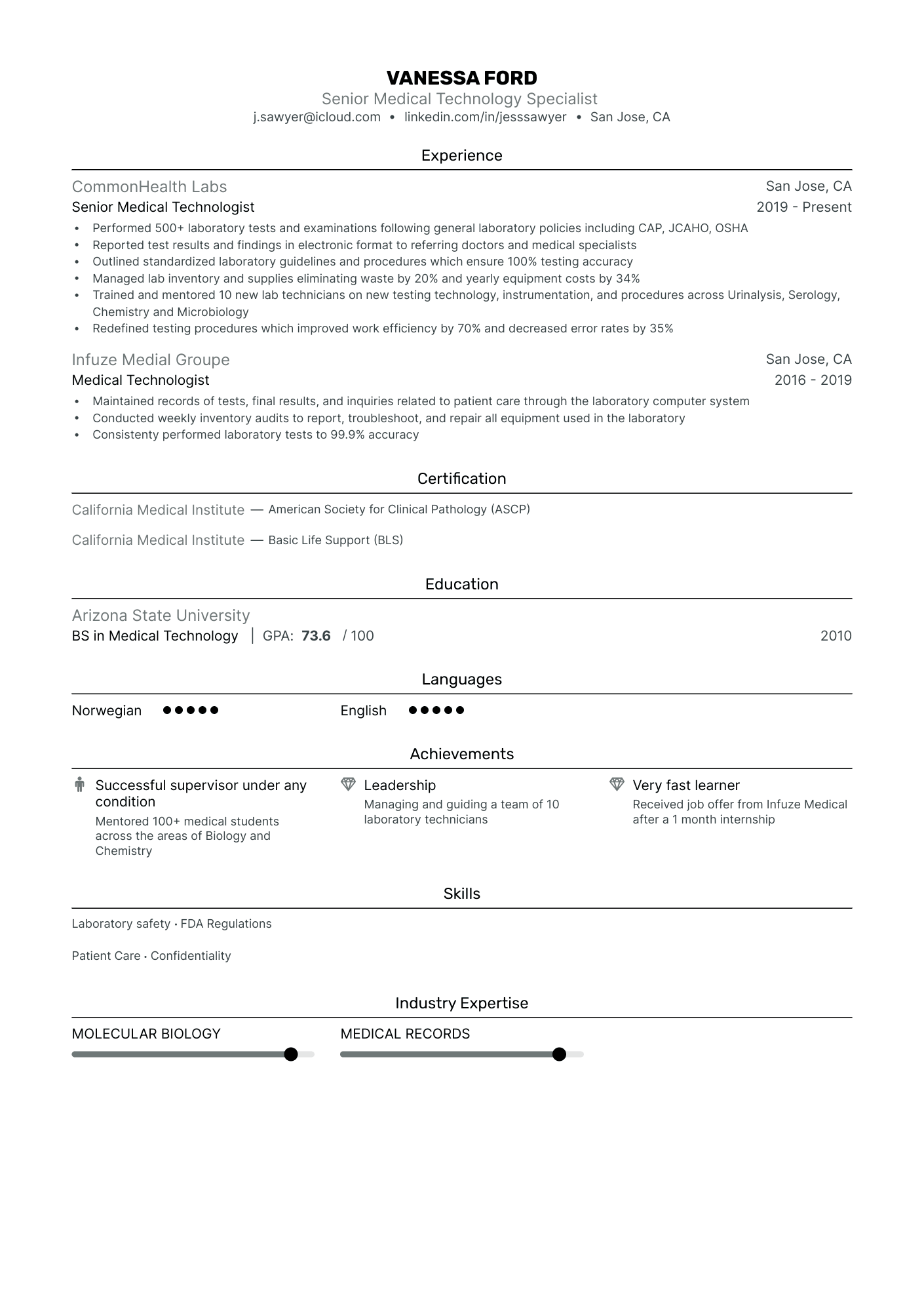 5 Medical Technologist Resume Examples & Guide for 2024