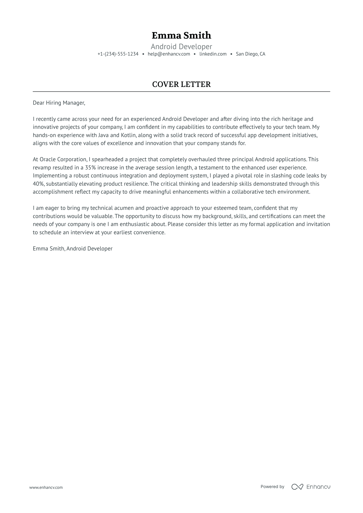 3 Professional Android Developer Cover Letter Examples and Template for ...