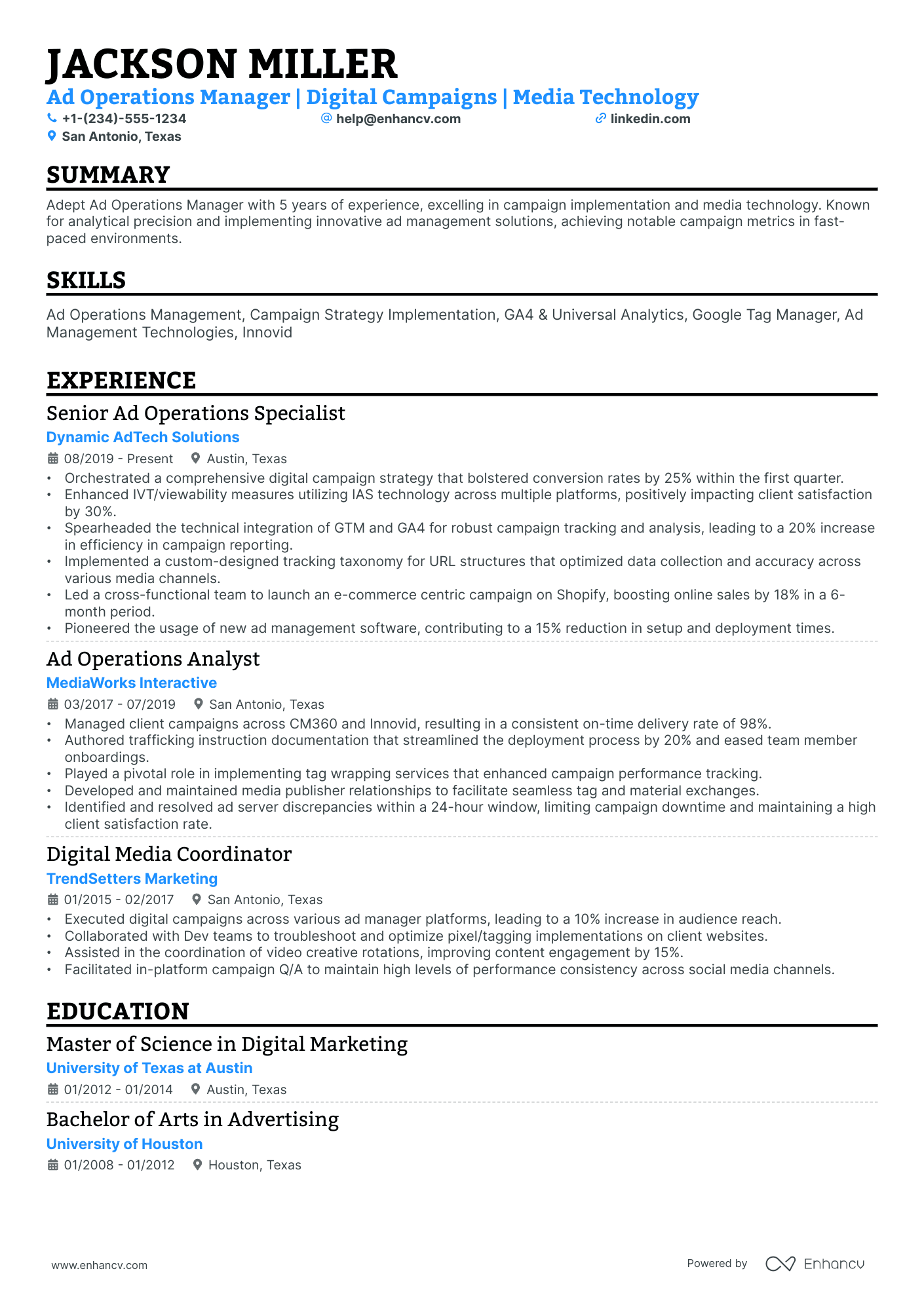 10 Ad Operations Manager Resume Examples & Guide for 2026