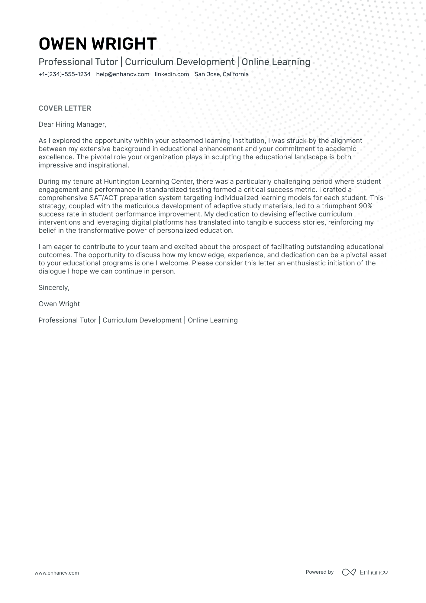 6 Professional Tutor Cover Letter Examples and Template for 2026 | Enhancv