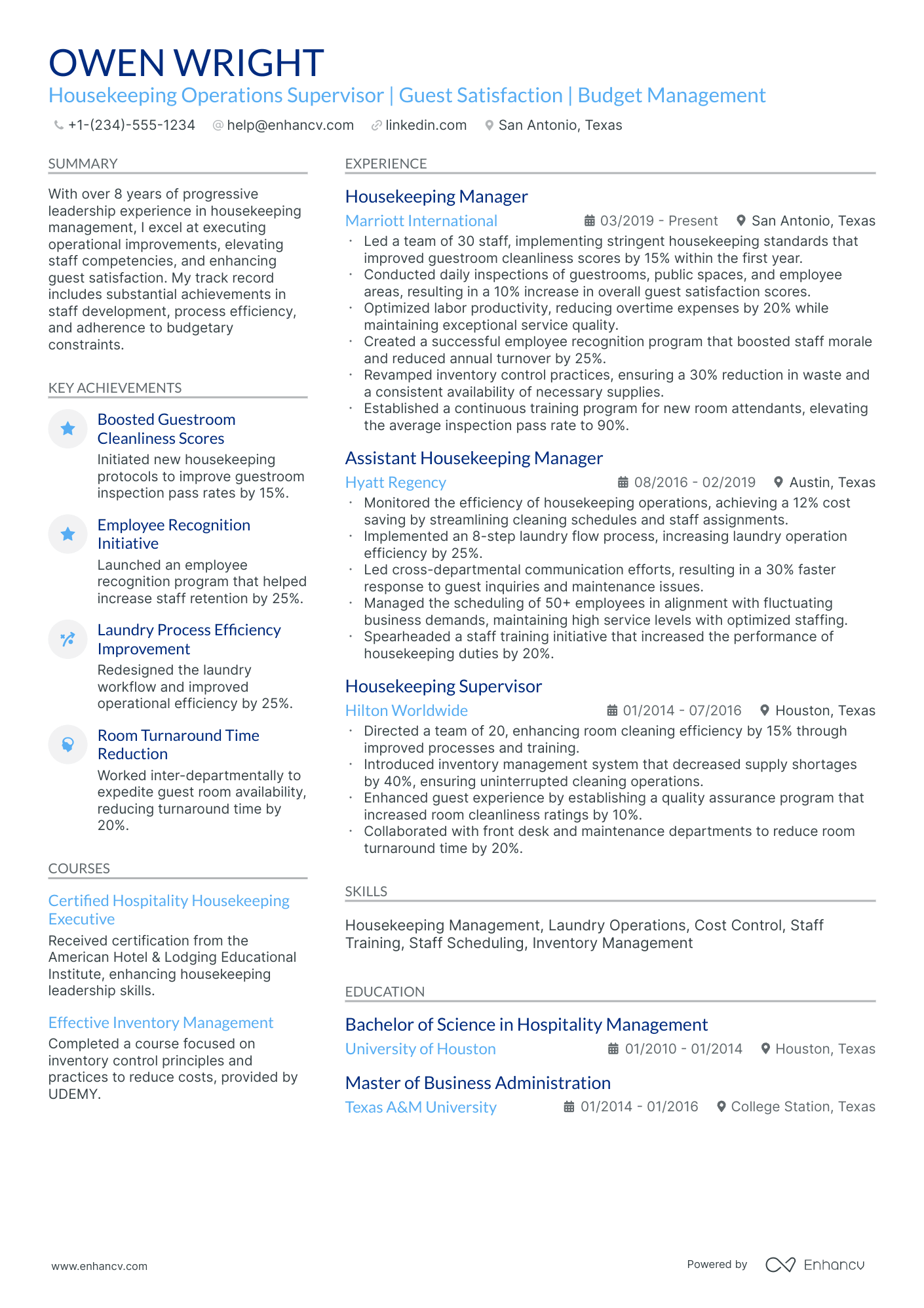 10 Housekeeping Manager Resume Examples & Guide for 2026