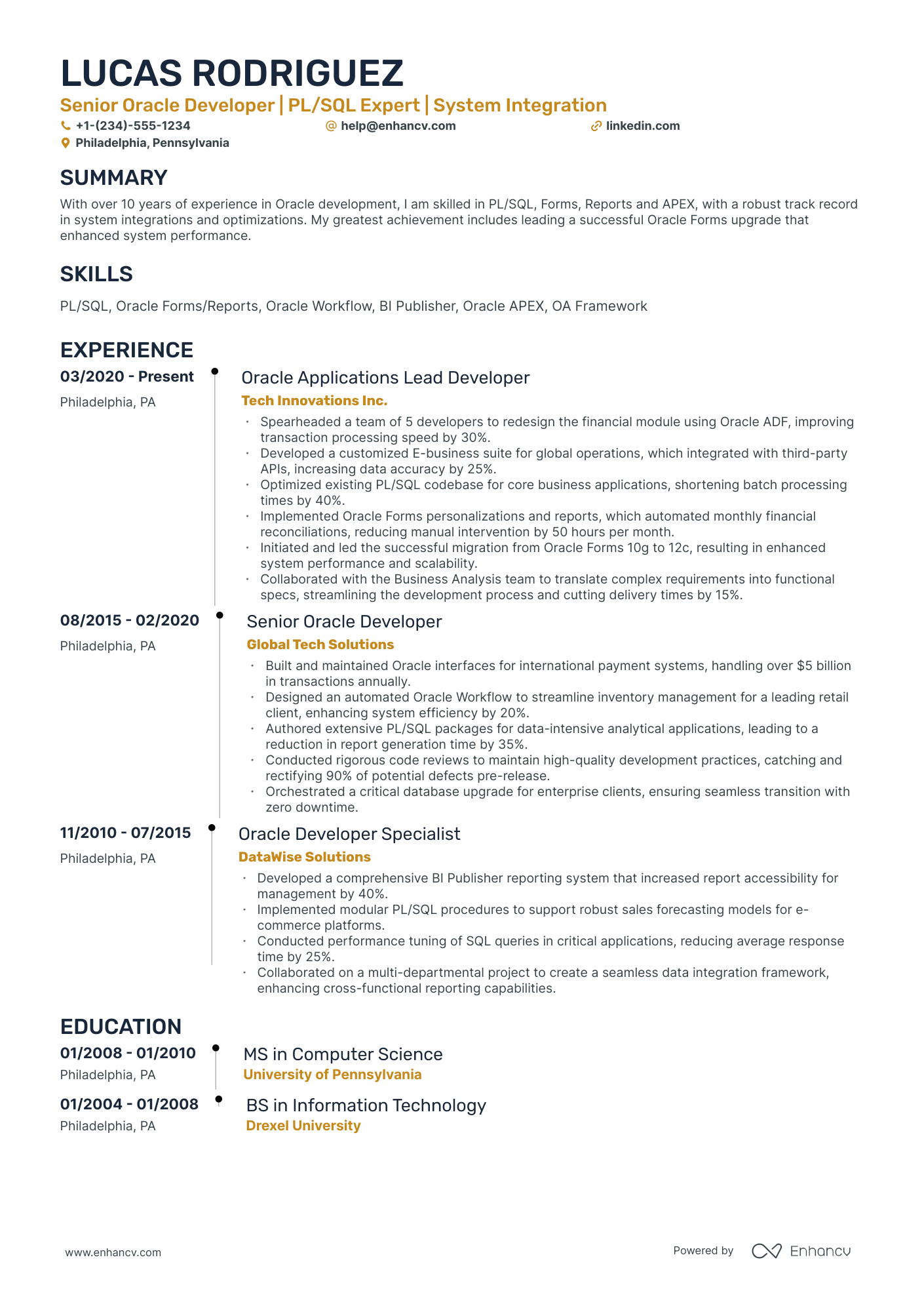 10 Senior Oracle Developer Resume Examples & Guide for 2025