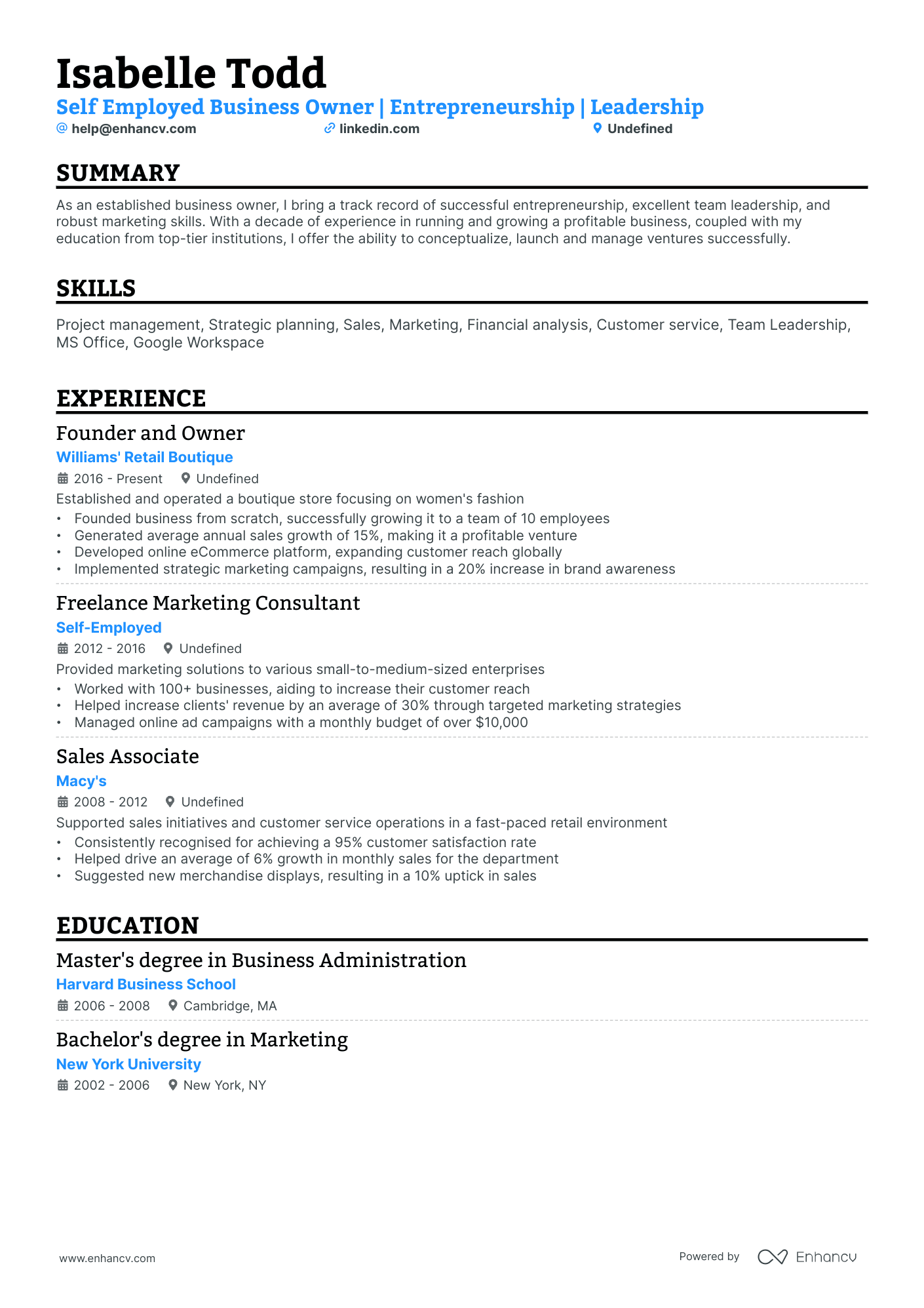 10 Self Employed Business Owner Resume Examples & Guide for 2026