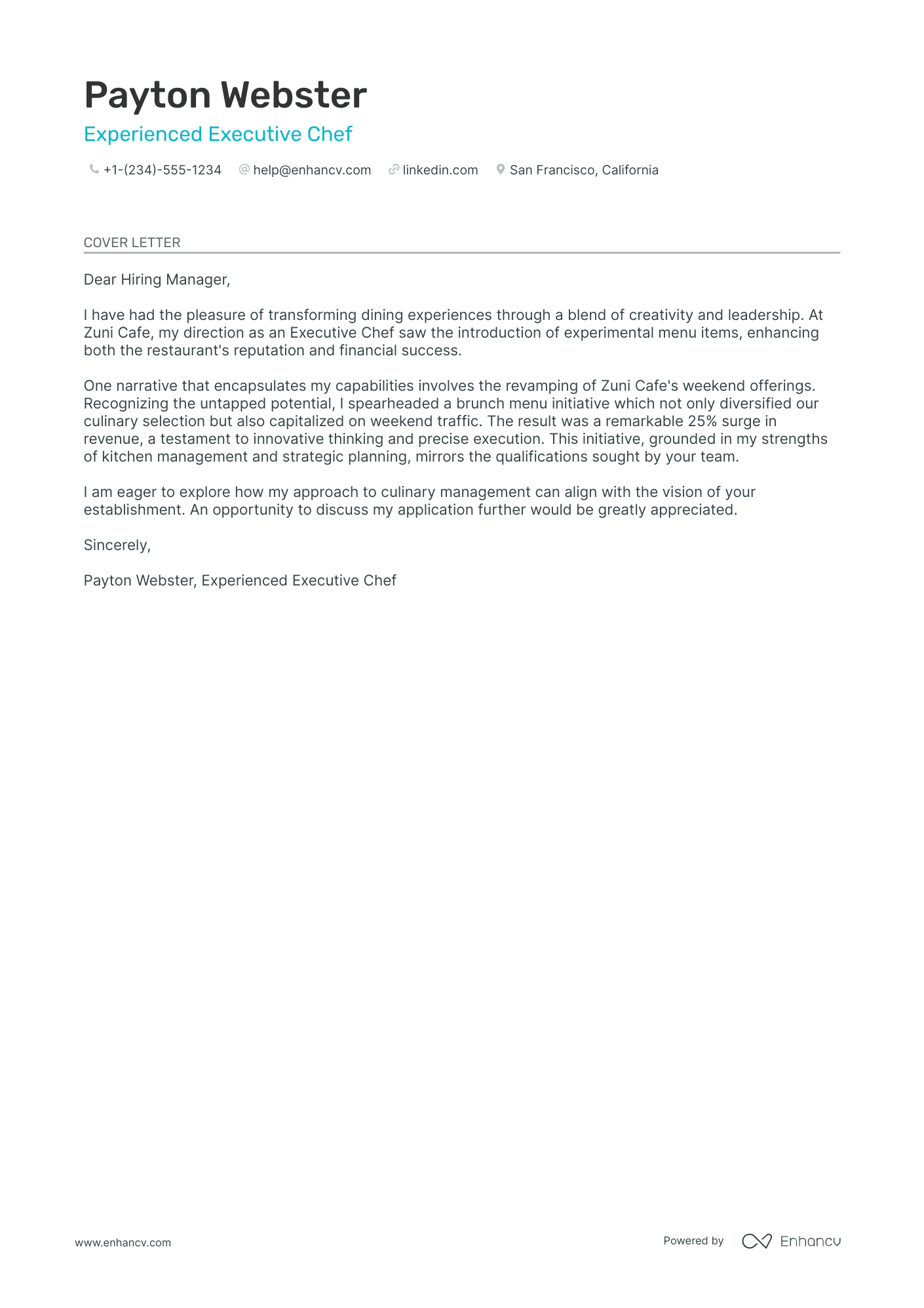 9 Professional Chef Cover Letter Examples and Template for 2026 | Enhancv