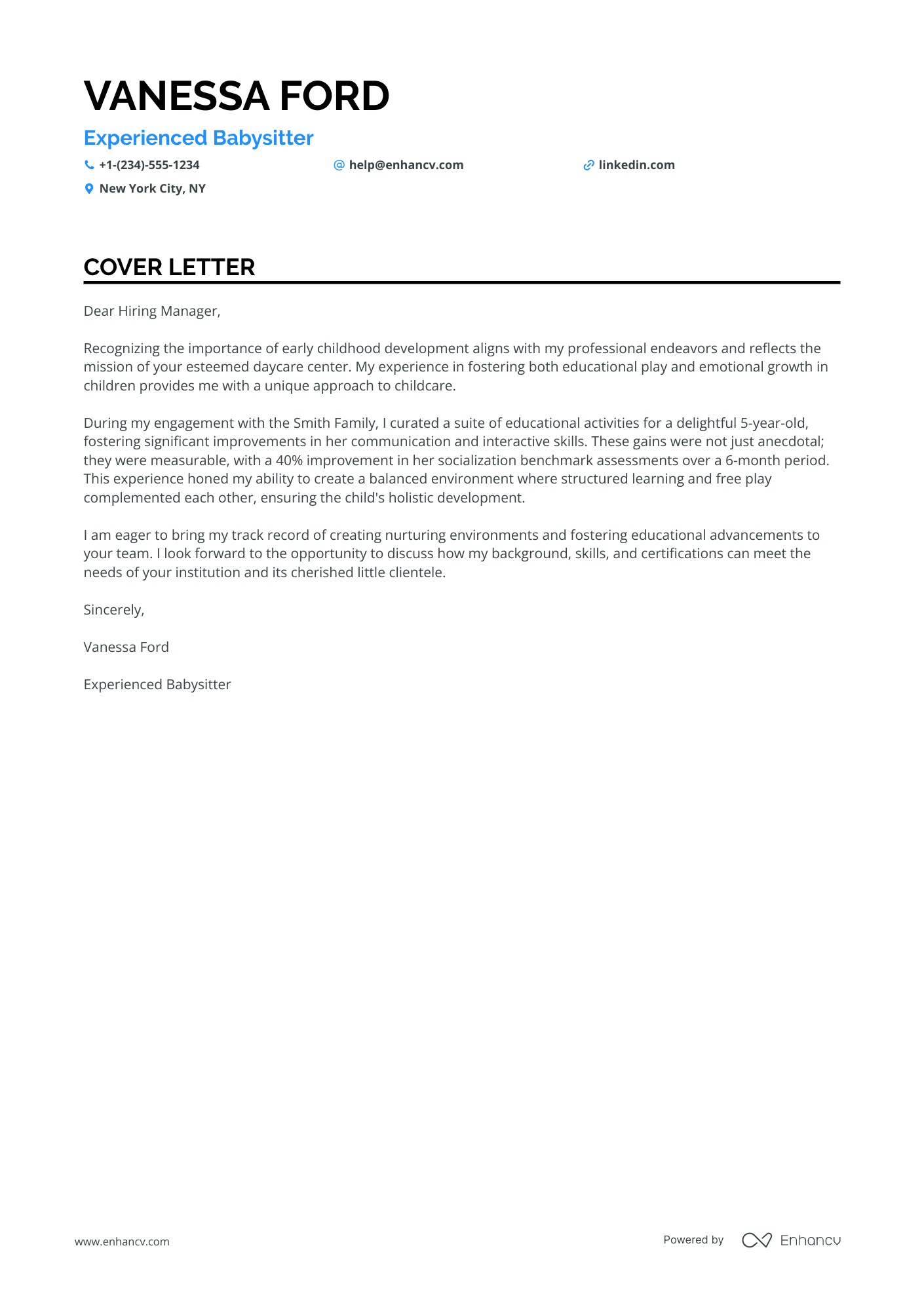 Professional Nanny Cover Letter Examples and Template for 2024 | Enhancv