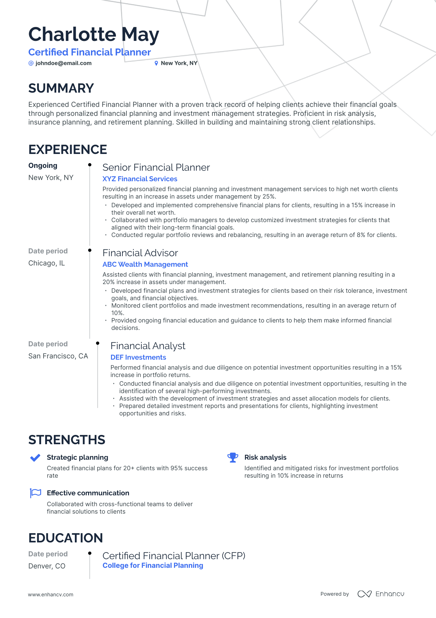 5 Certified Financial Planner Resume Examples & Guide for 2024