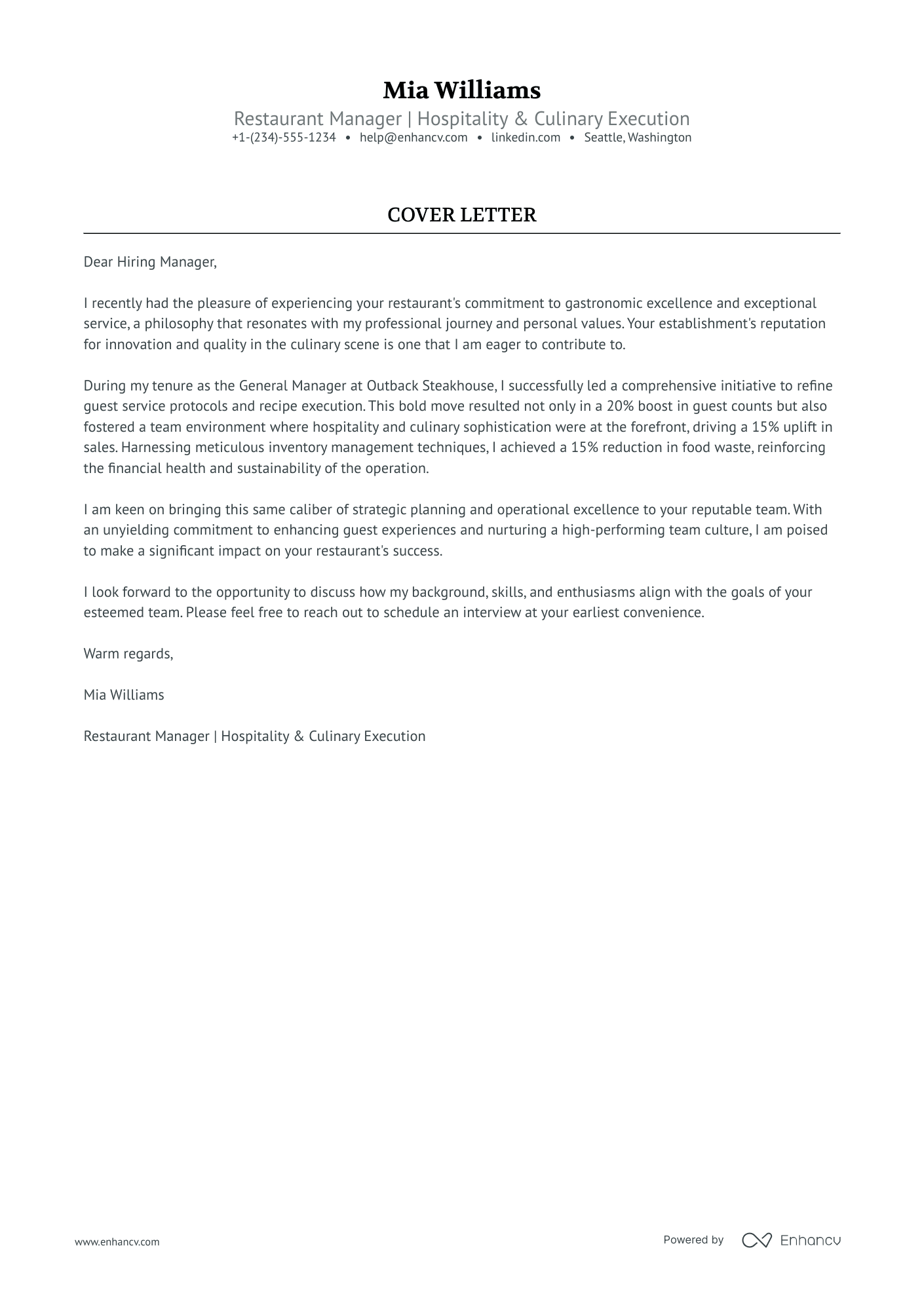 13 Professional Restaurant Manager Cover Letter Examples and Template ...